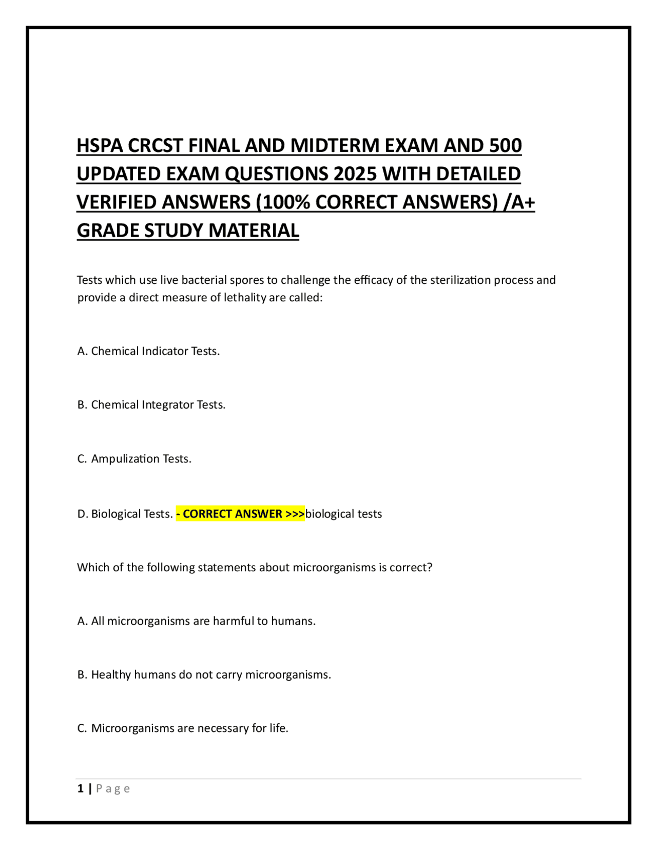 HSPA CRCST FINAL EXAM AND 500 UPDATED EXAM QUESTIONS 2025 WITH DETAILED ...