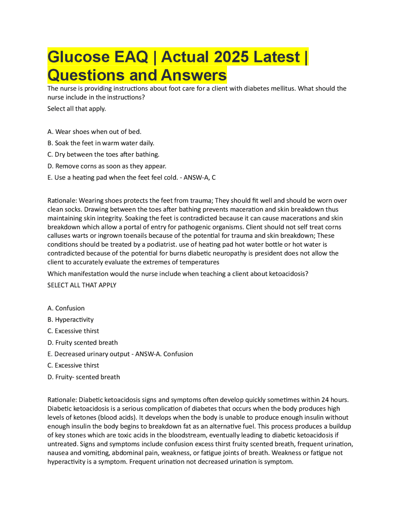 Glucose EAQ | Actual 2025 Latest | Questions and Answers | Exams ...