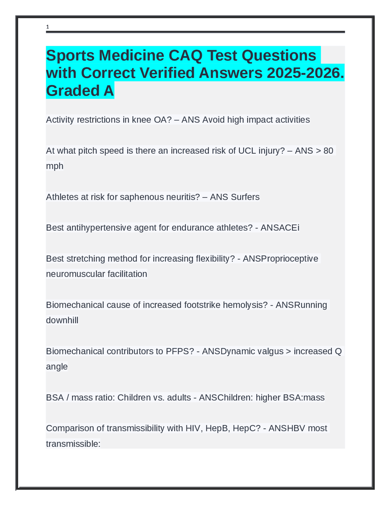 Sports Medicine CAQ Test Questions with Correct Verified Answers 2025 ...