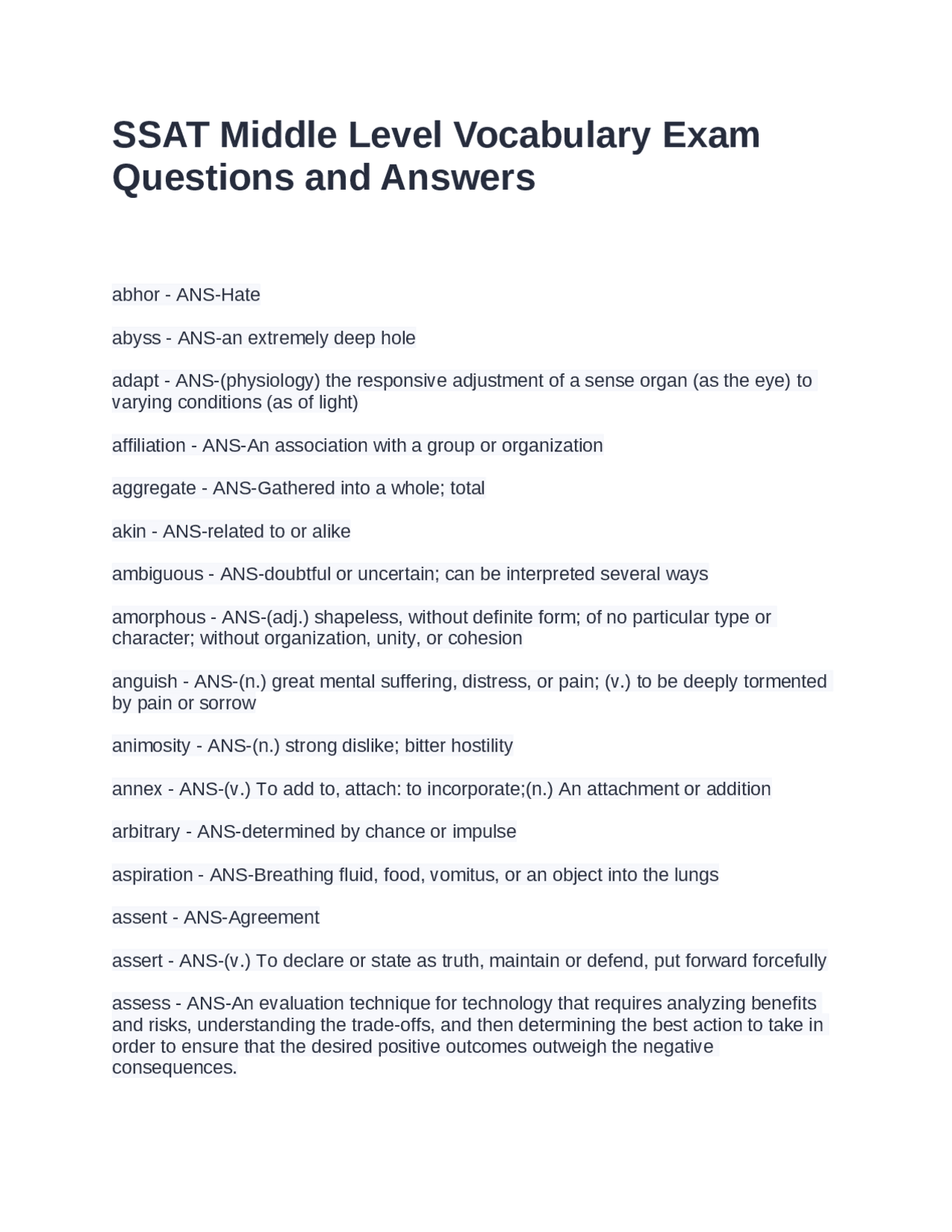 SSAT Middle Level Vocabulary Builder: Exam Questions and Definitions ...