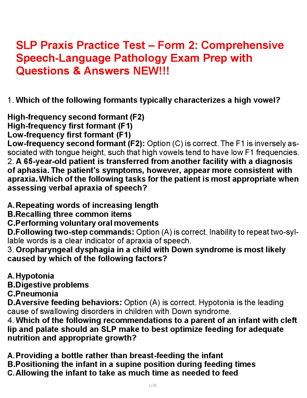 SLP Praxis Practice Test – Form 2 Comprehensive Speech-Language ...