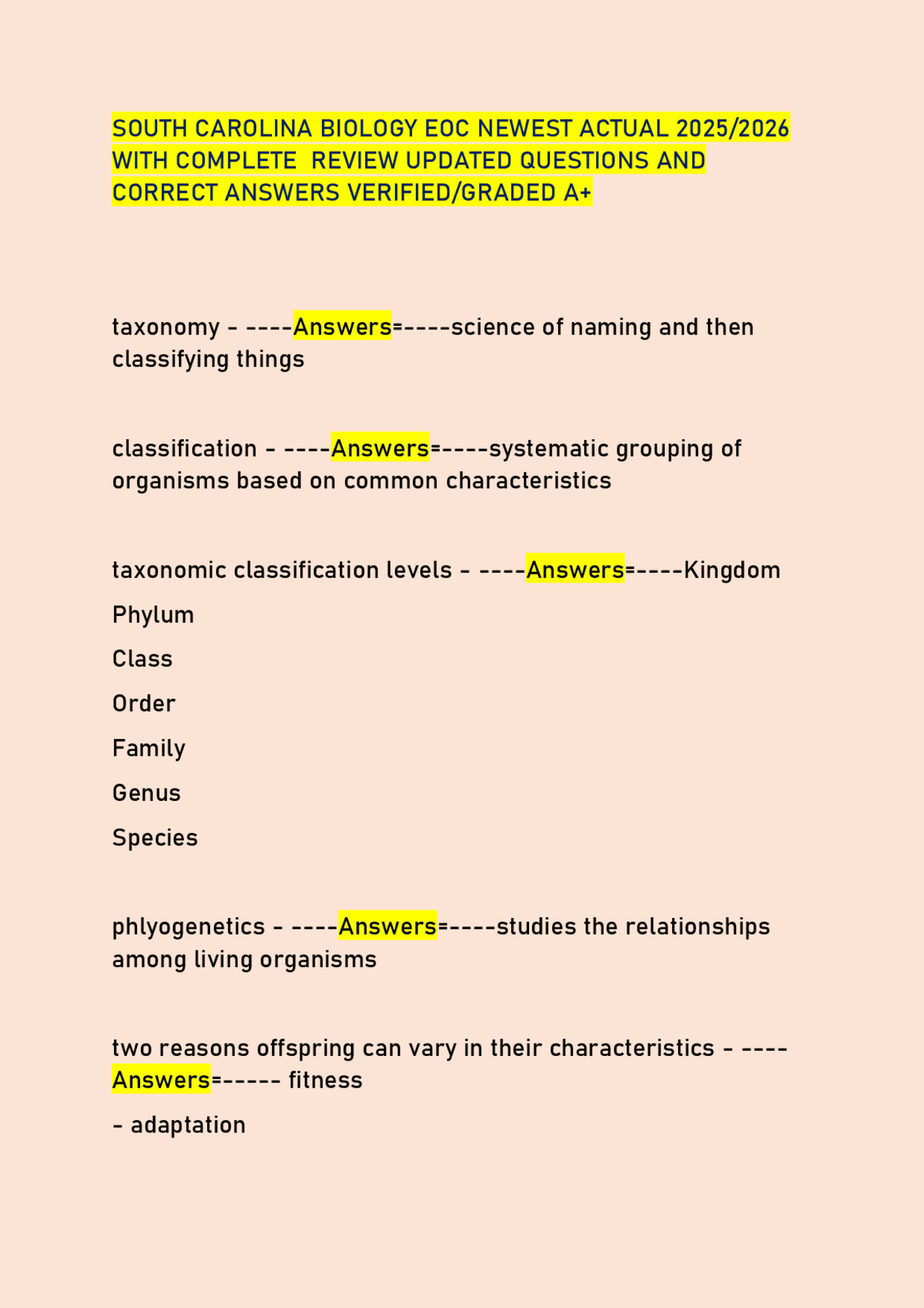 SOUTH CAROLINA BIOLOGY EOC NEWEST ACTUAL 2025/2026 WITH COMPLETE REVIEW ...