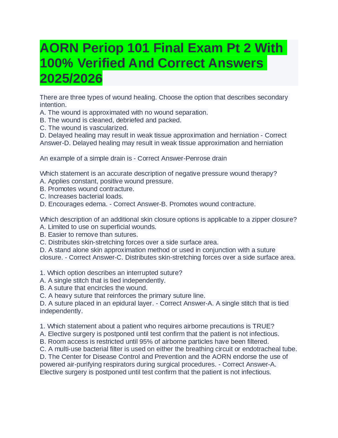 AORN Periop 101 Final Exam Pt 2 With 100% Verified And Correct Answers ...