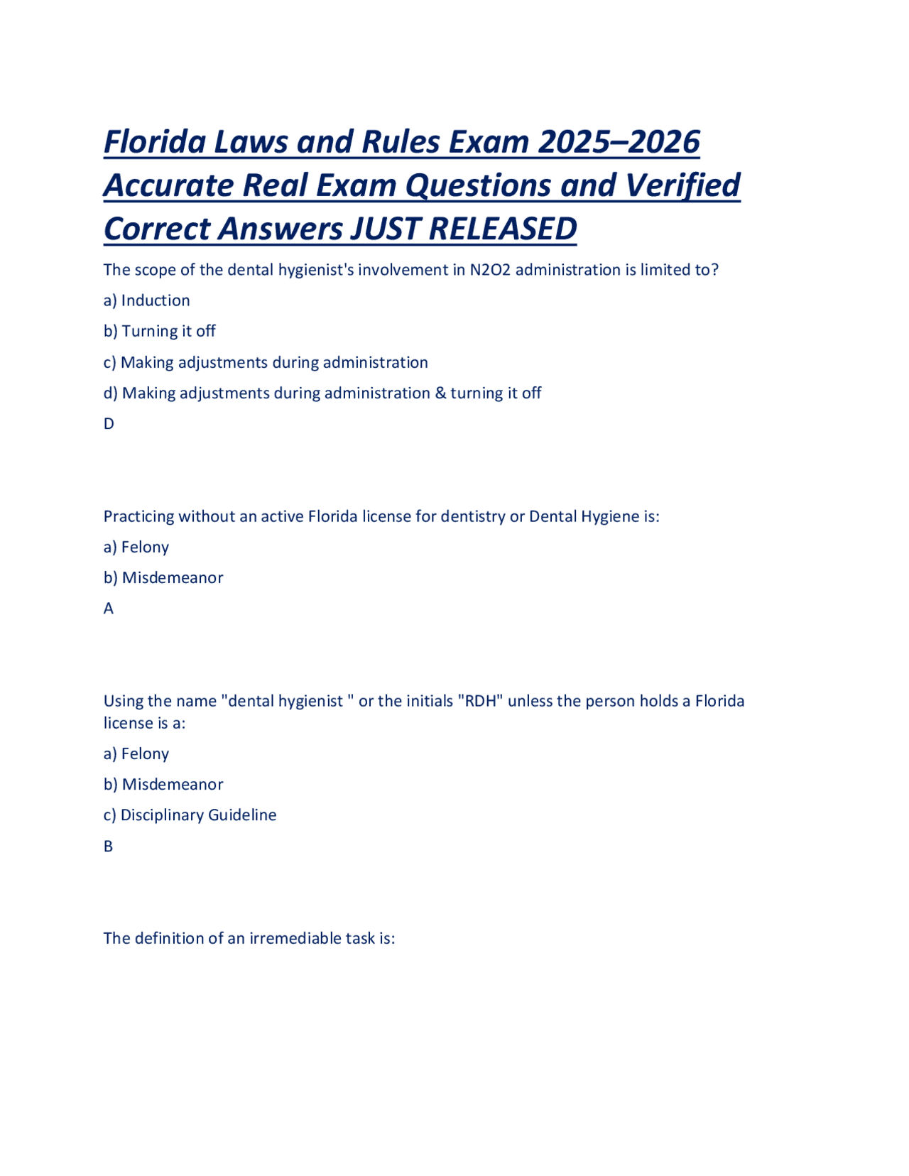 Florida Laws and Rules Exam 2025–2026 Accurate Real Exam Questions and ...