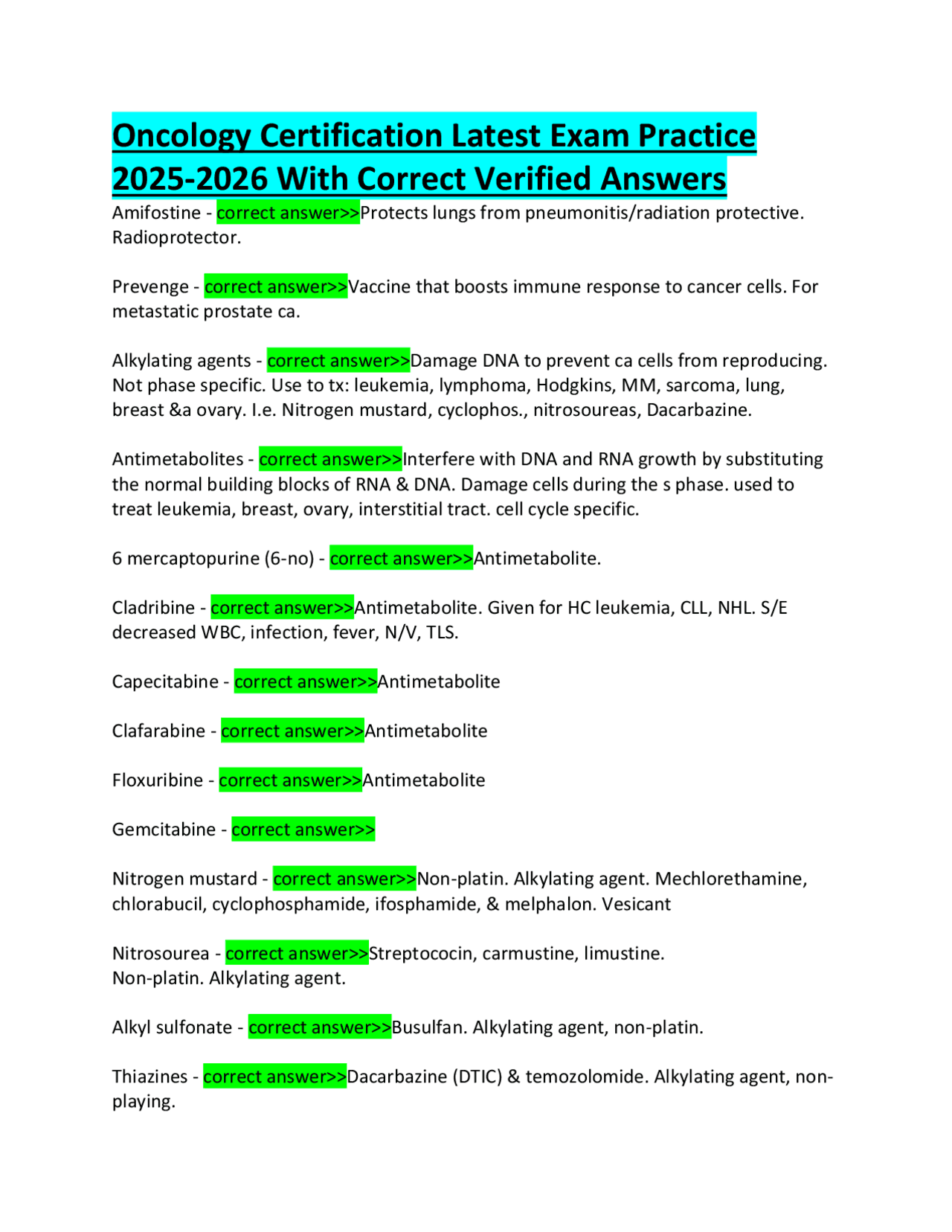 Oncology Certification Latest Exam Practice 2025-2026 With Correct ...