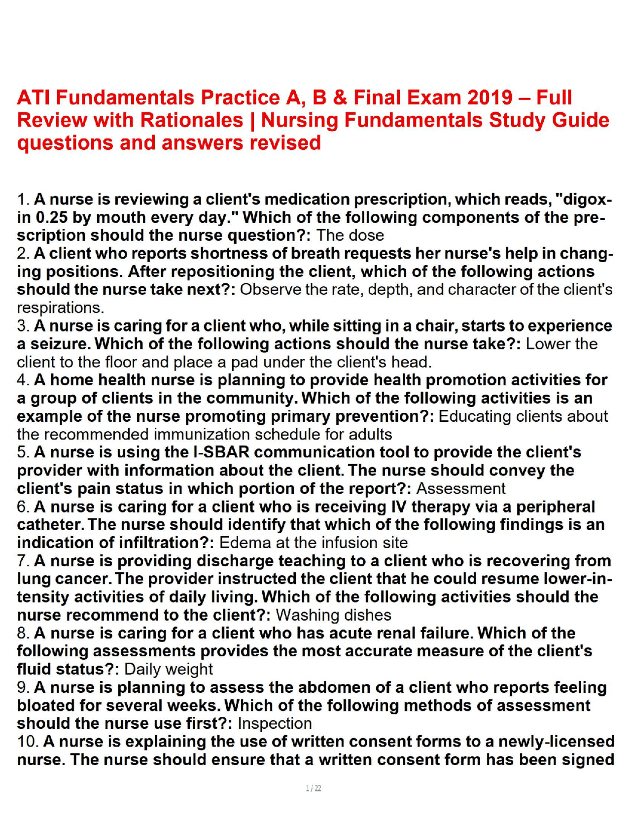 ATI Fundamentals Practice A, B & Final Exam 2019 – Full Review with ...
