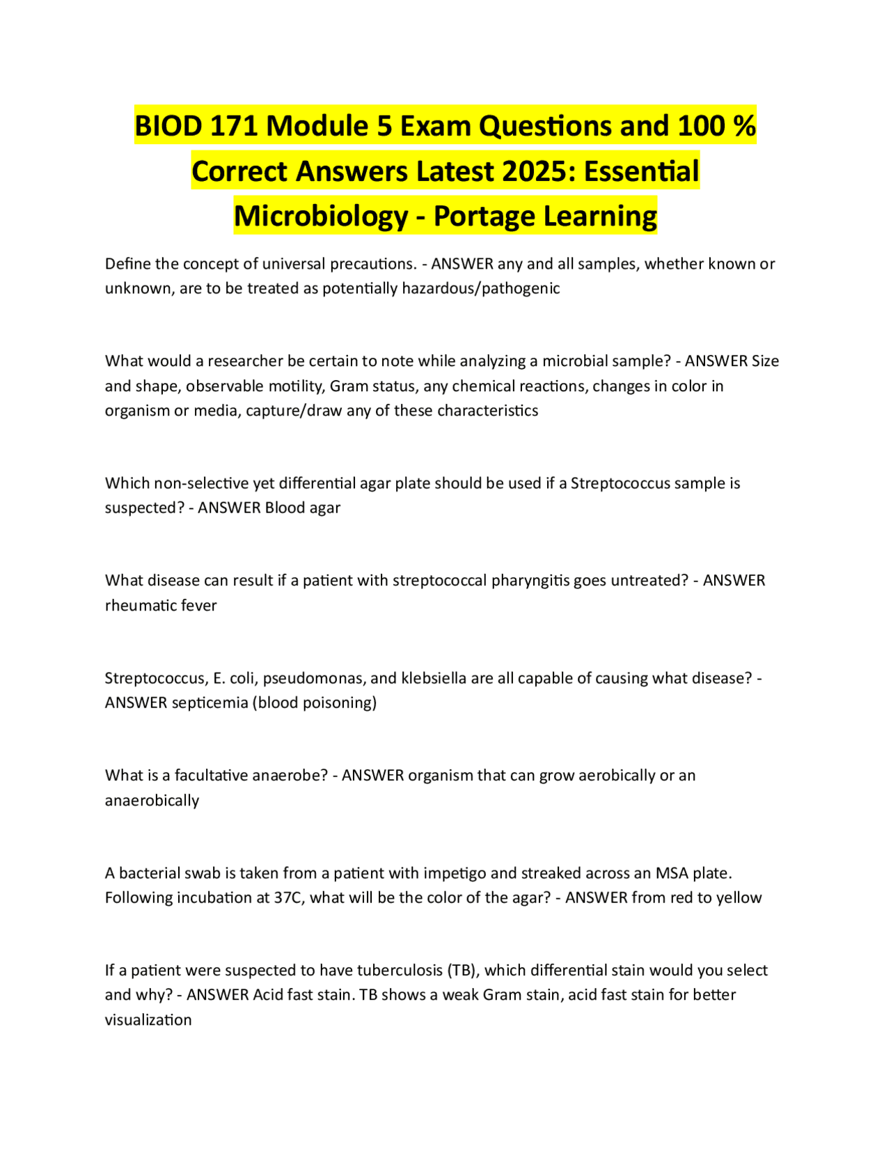 BIOD 171 Module 5 Exam Questions and 100 % Correct Answers Latest 2025 ...