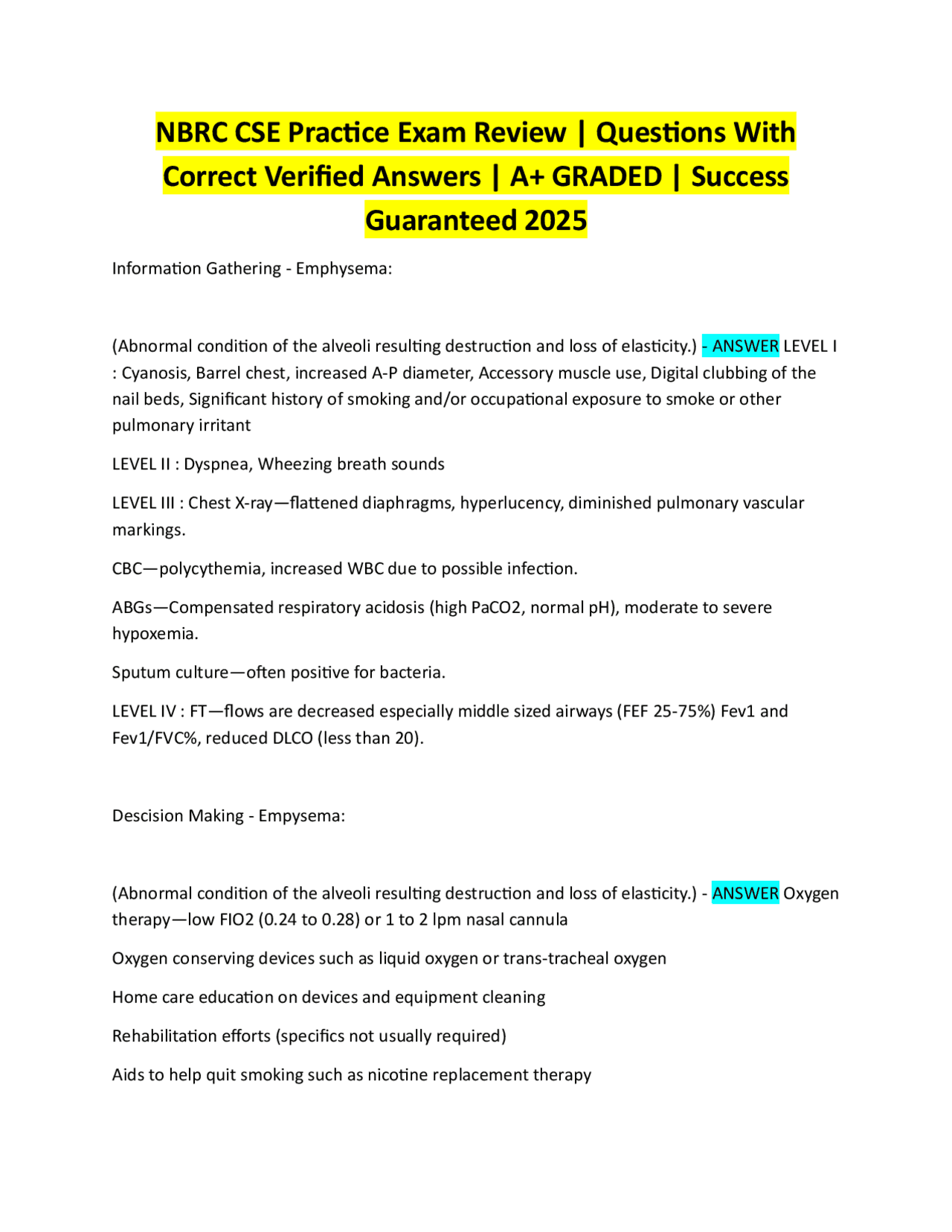 NBRC CSE Practice Exam Review | Questions With Correct Verified Answers | A+ GRADED | Suc ...