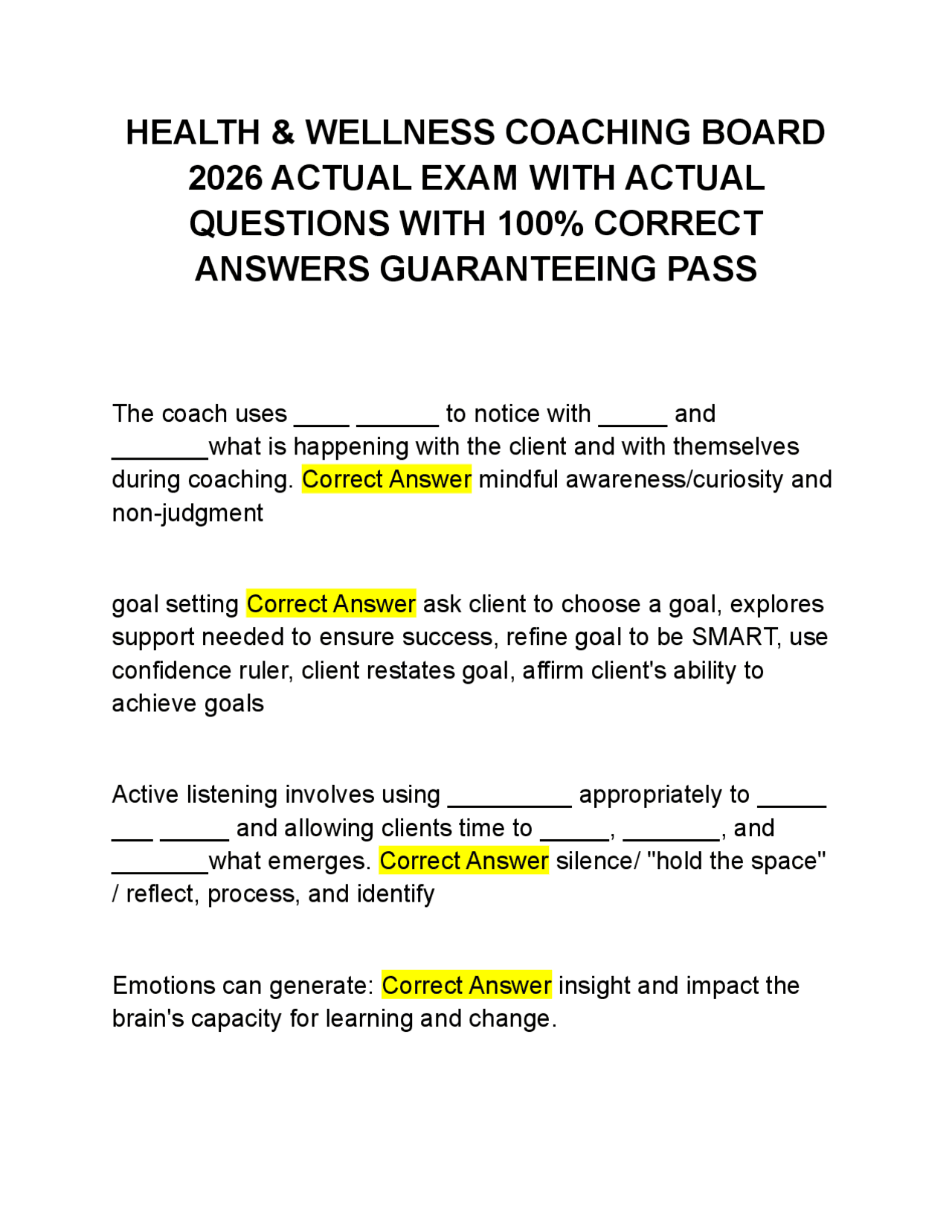 HEALTH & WELLNESS COACHING BOARD 2026 ACTUAL EXAM WITH ACTUAL QUESTIONS ...