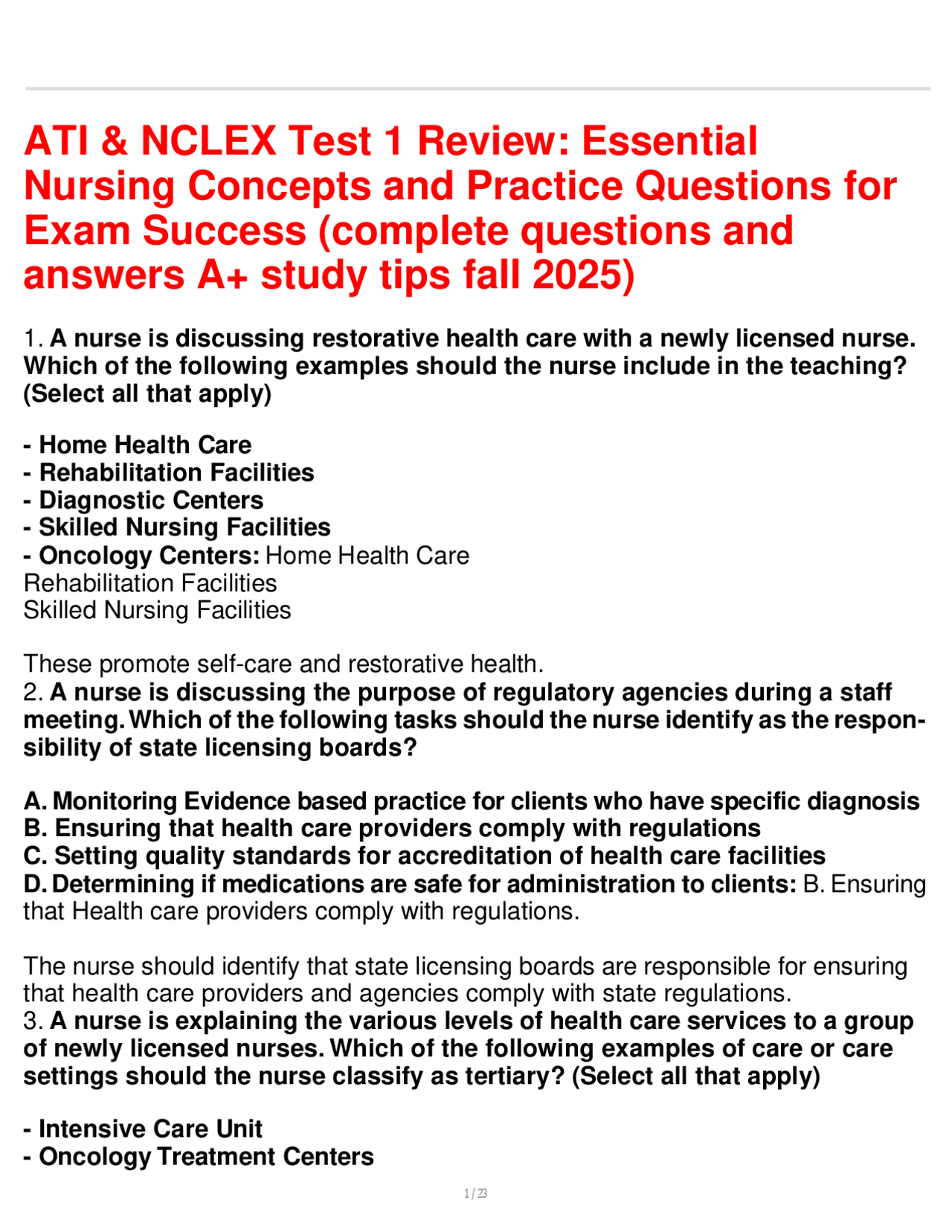 ATI & NCLEX Test 1 Review Essential Nursing Concepts and Practice ...