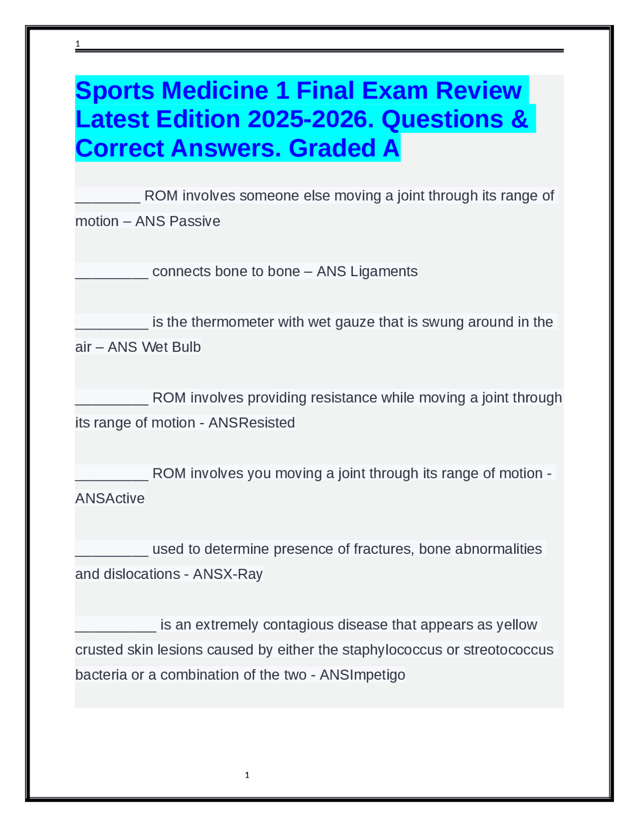 Sports Medicine 1 Final Exam Review Latest Edition 2025-2026. Questions ...