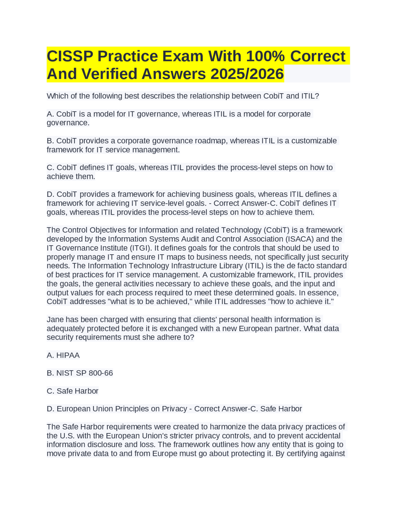 CISSP Practice Exam 2025/2026: Questions and Verified Answers | Exams ...