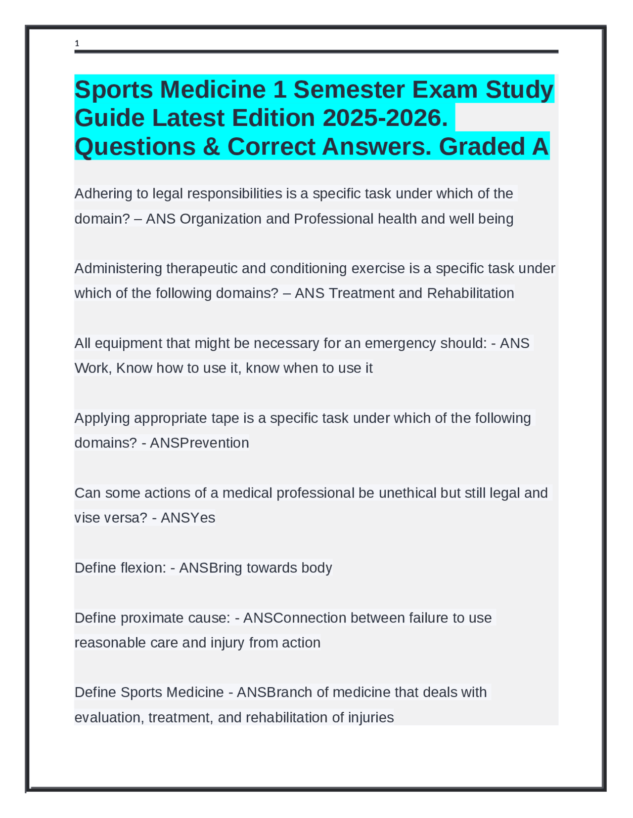 Sports Medicine 1 Semester Exam Study Guide Latest Edition 2025-2026 ...