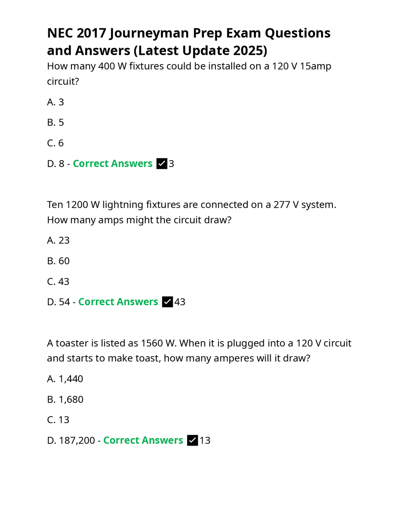 NEC 2017 Journeyman Prep Exam Questions and Answers (Latest Update 2025 ...
