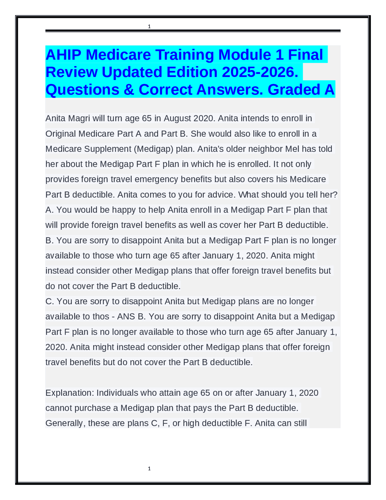 AHIP Medicare Training Module 1 Final Review Updated Edition 2025-2026.Questions & Answers ...