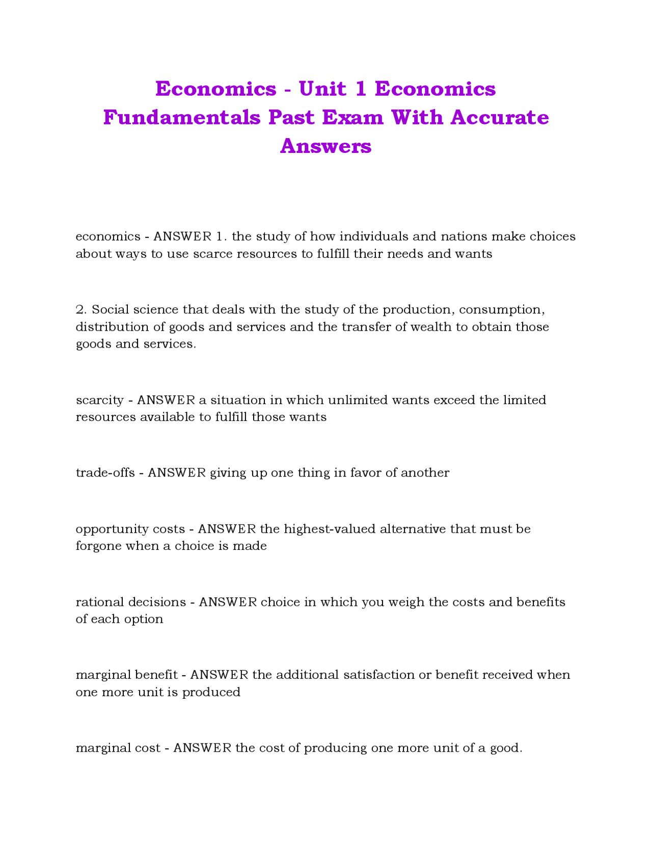Economics - Unit 1 Economics Fundamentals Past Exam With Accurate ...