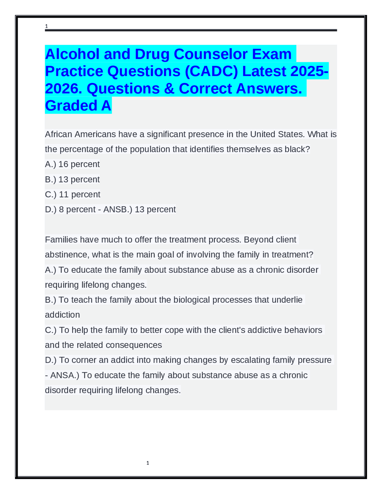Alcohol and Drug Counselor Exam Practice Questions (CADC) Latest 2025 ...