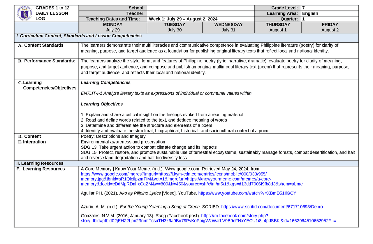 Daily Lesson Log for English Grade 7 First Quarter | Cheat Sheet ...