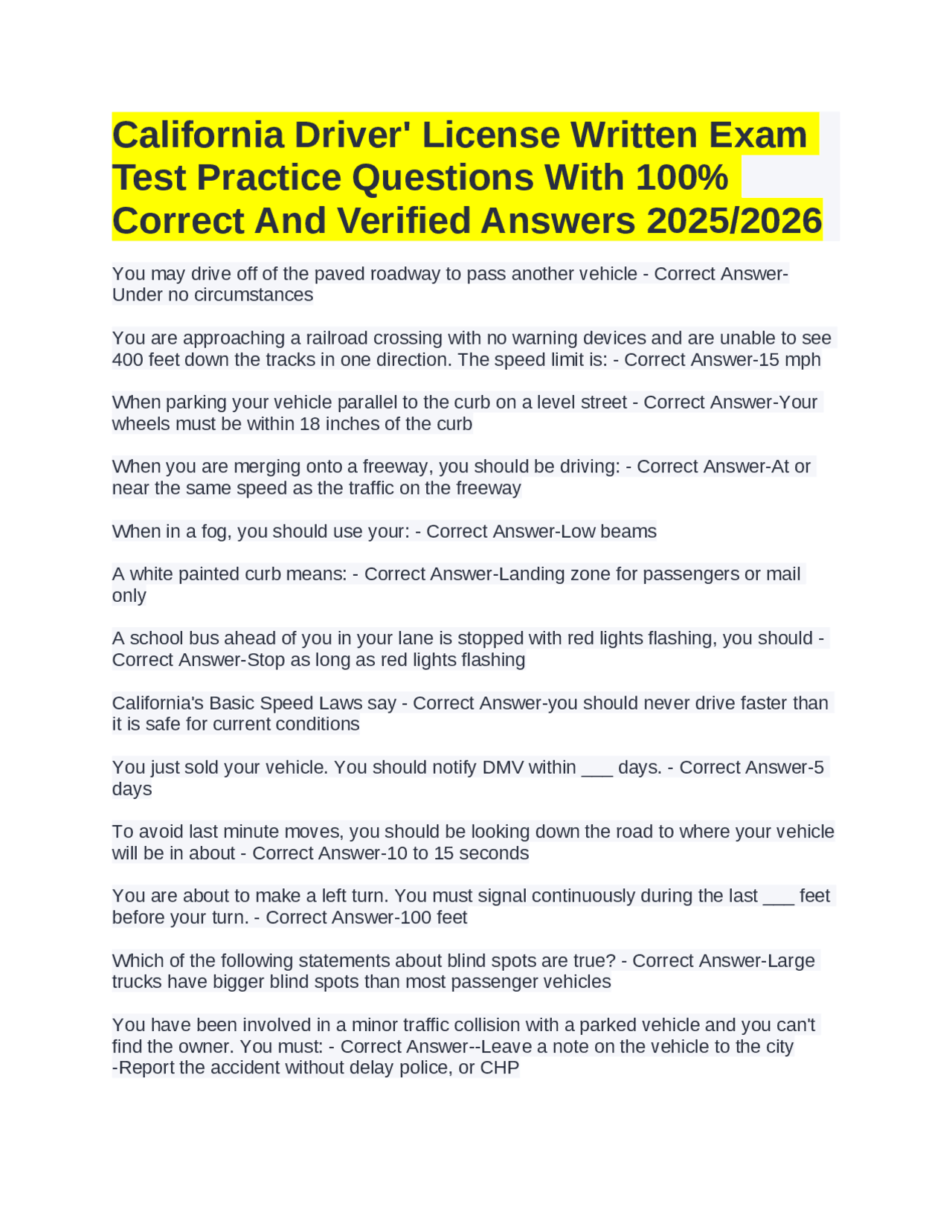 California Driver' License Written Exam Test Practice Questions With ...