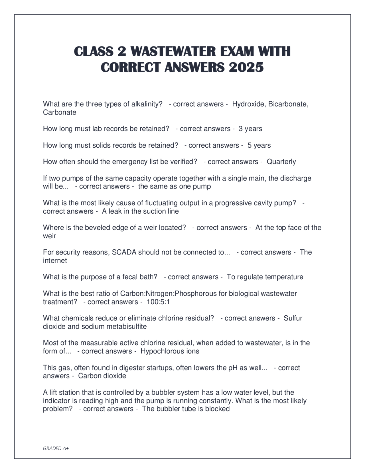 CLASS 2 WASTEWATER EXAM WITH CORRECT ANSWERS 2025 | Exams Advanced ...