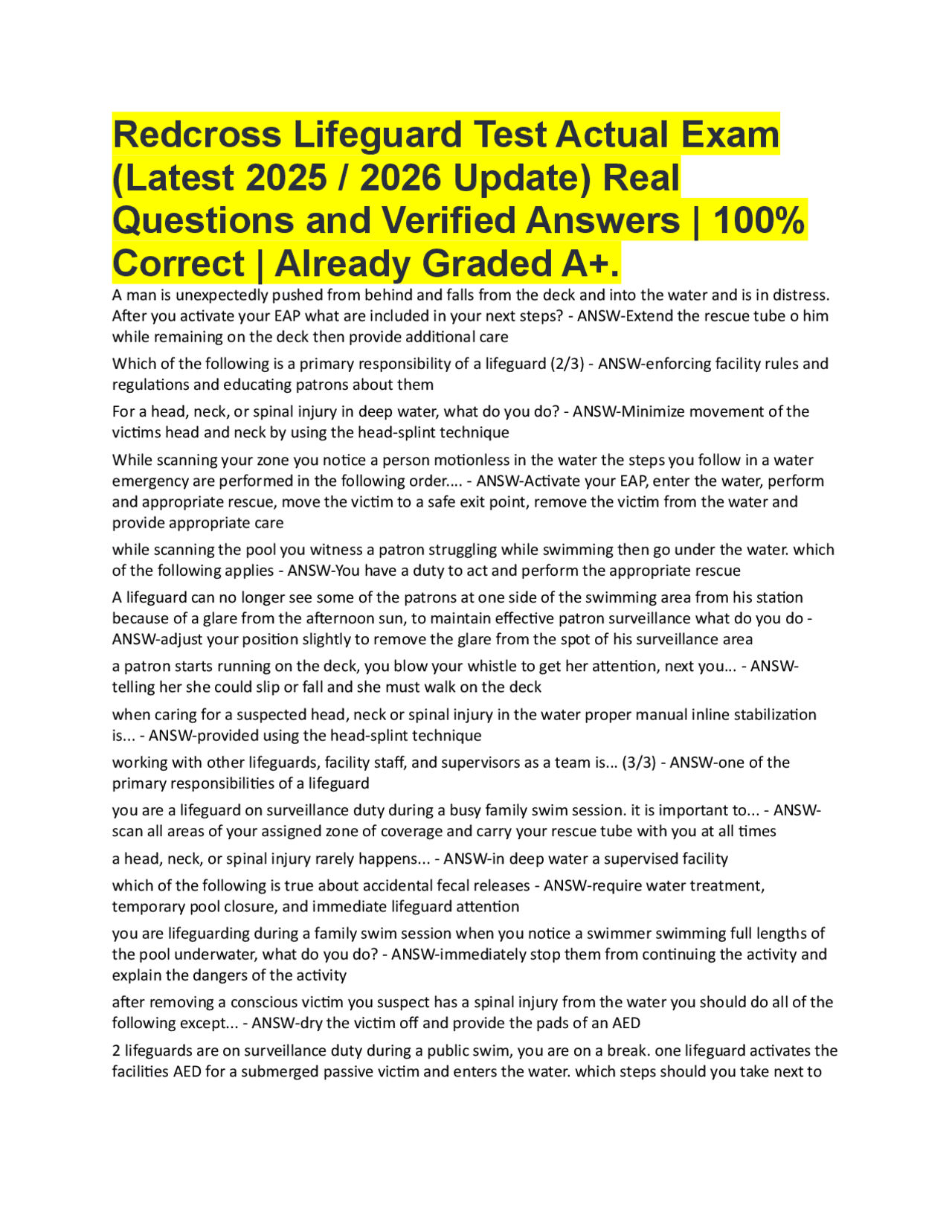 Lifeguard Exam Prep: Real Questions & Verified Answers for 2025/2026 ...