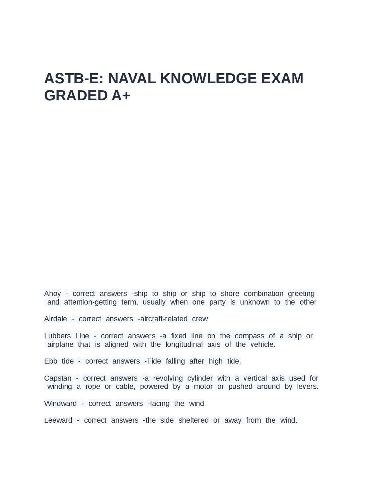 ASTB-E, NAVAL KNOWLEDGE EXAM GRADED A+ | Exams Advanced Education | Docsity