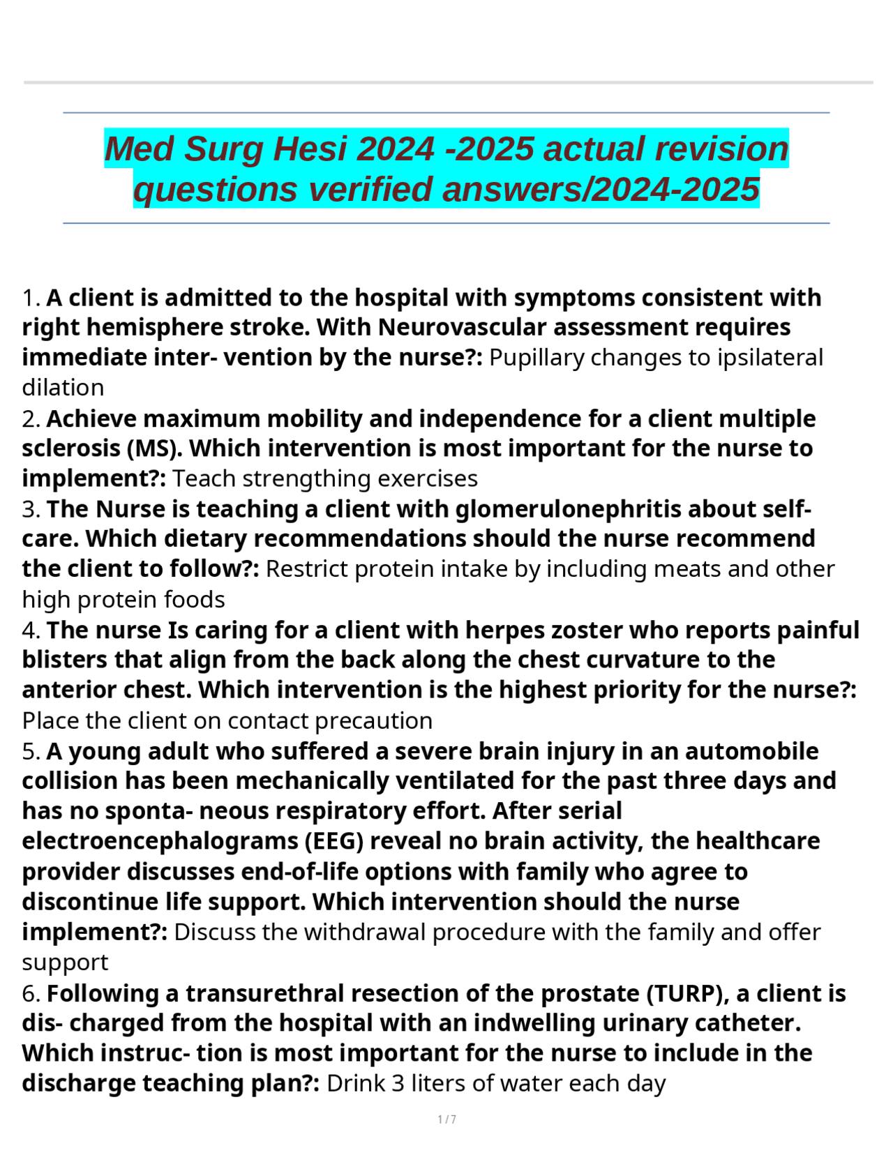 Med Surg Hesi 2024 -2025 actual revision questions verified answers ...