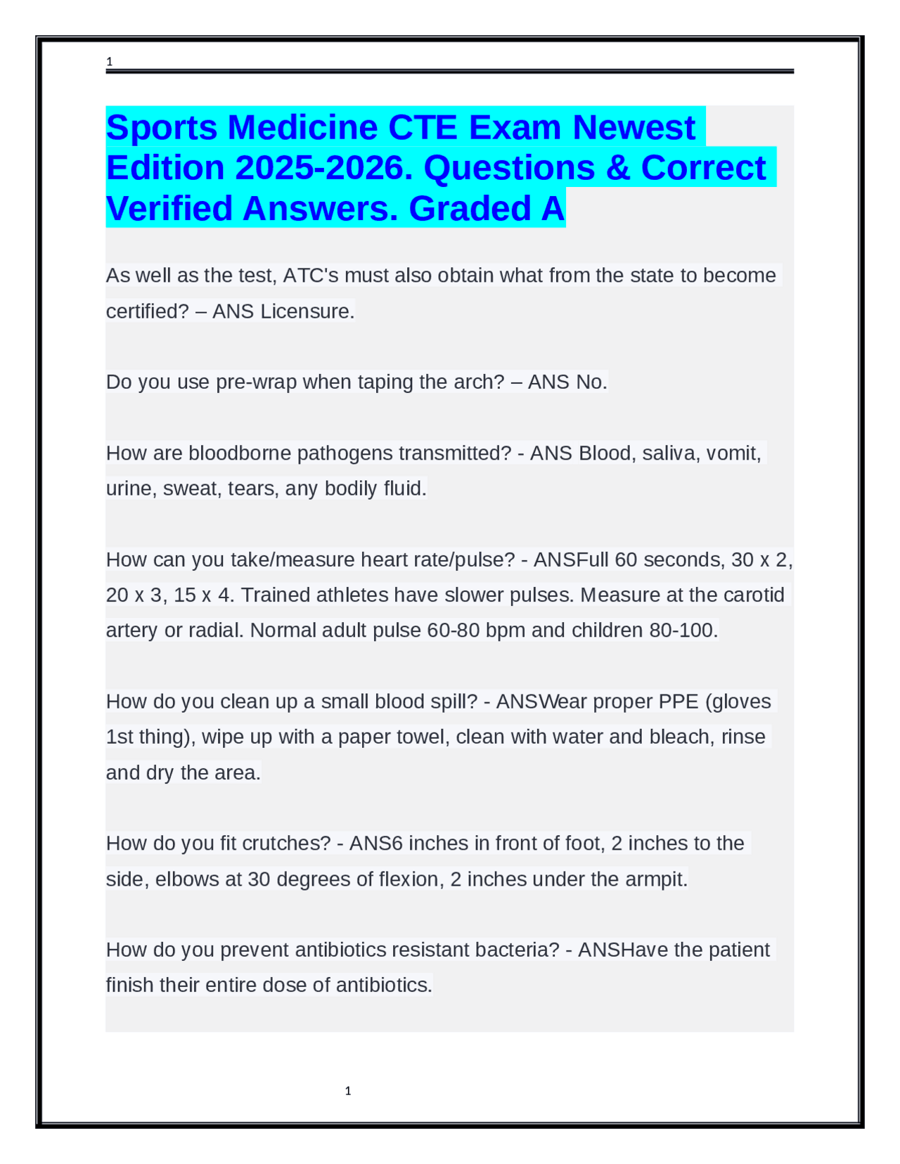 Sports Medicine CTE Exam Newest Edition 2025-2026. Questions & Correct ...
