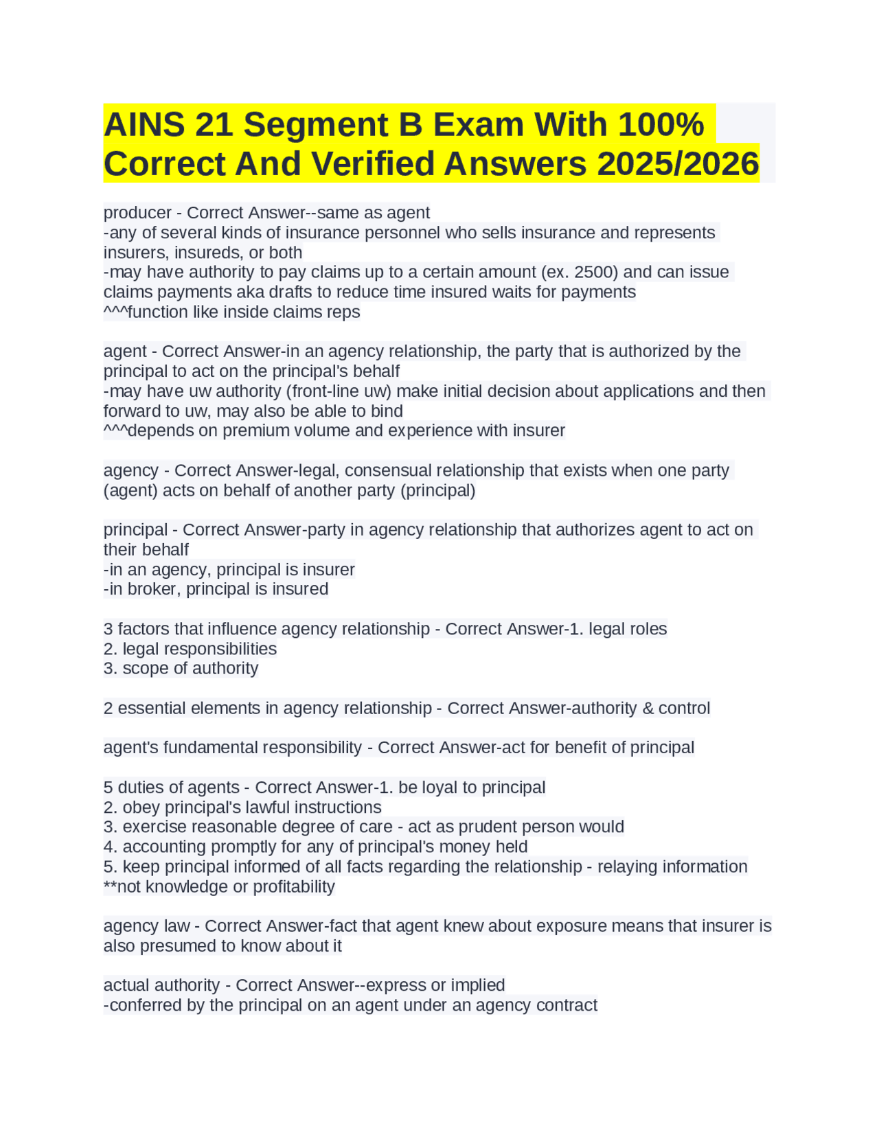 AINS 21 Segment B Exam With 100% Correct And Verified Answers 2025/2026 ...