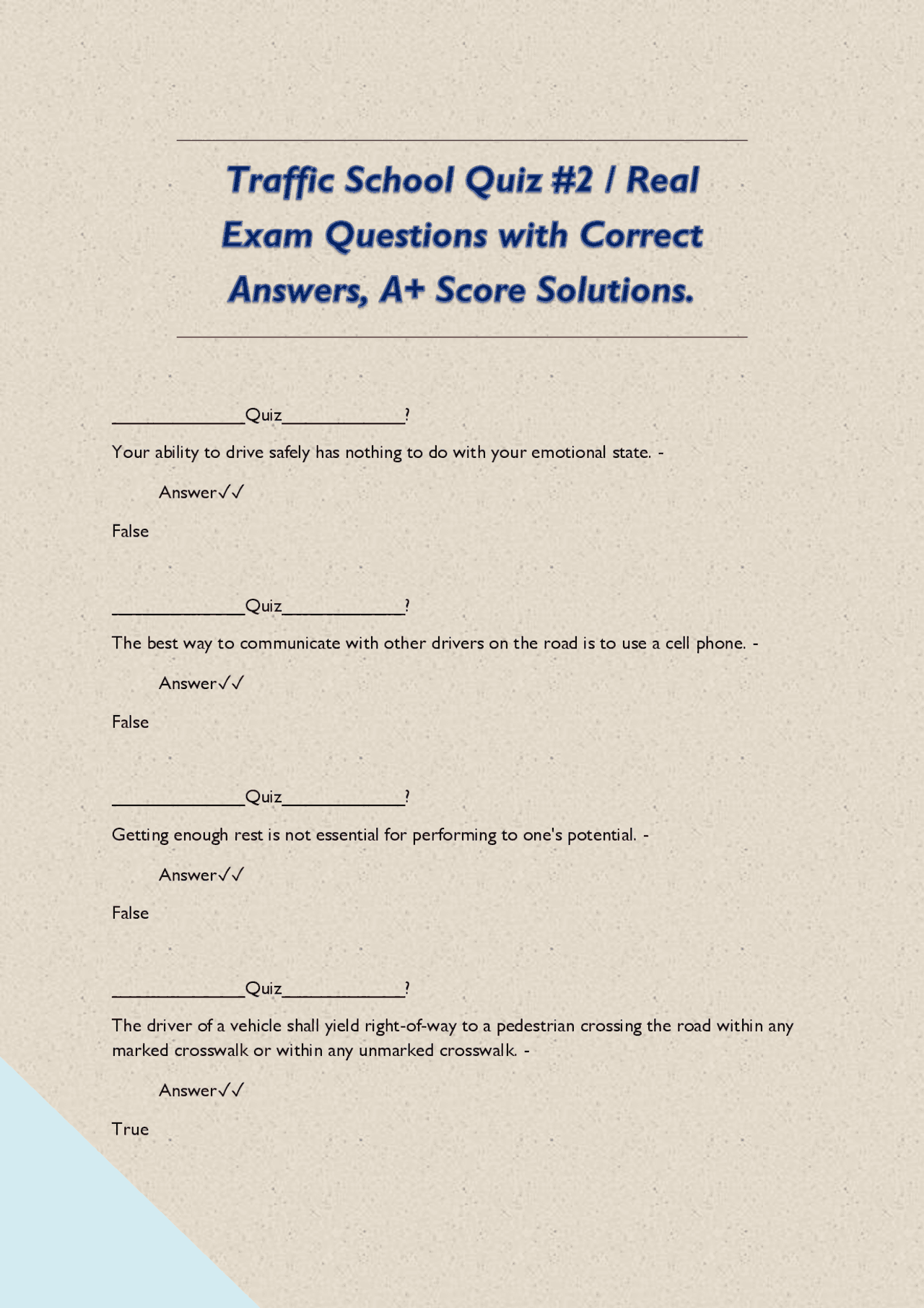 Traffic School Quiz #2 / Real Exam Questions with Correct Answers, A+ ...