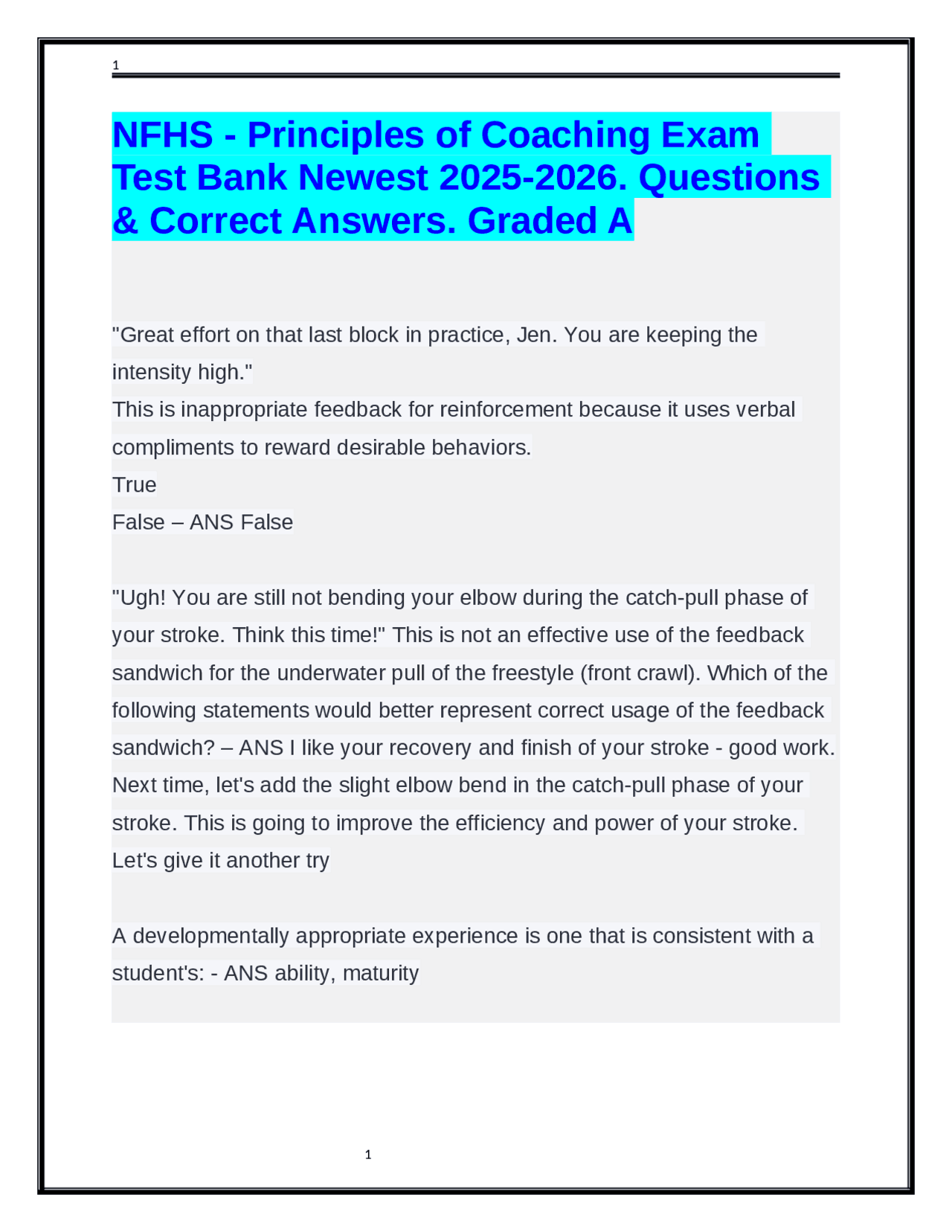 NFHS Coaching Principles Exam: Test Bank 2025-2026 | Exams Sport ...