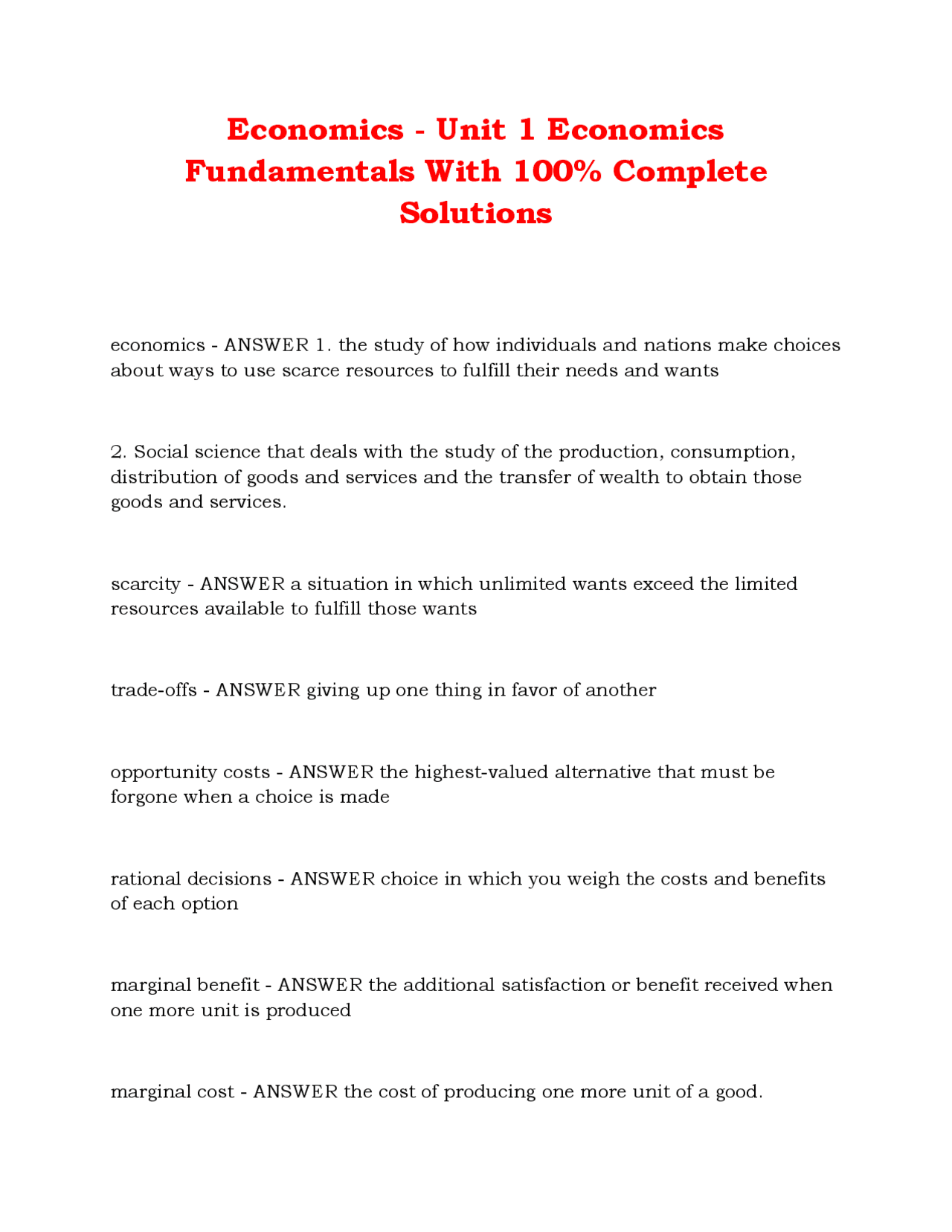 Economics - Unit 1 Economics Fundamentals With 100% Complete Solutions ...