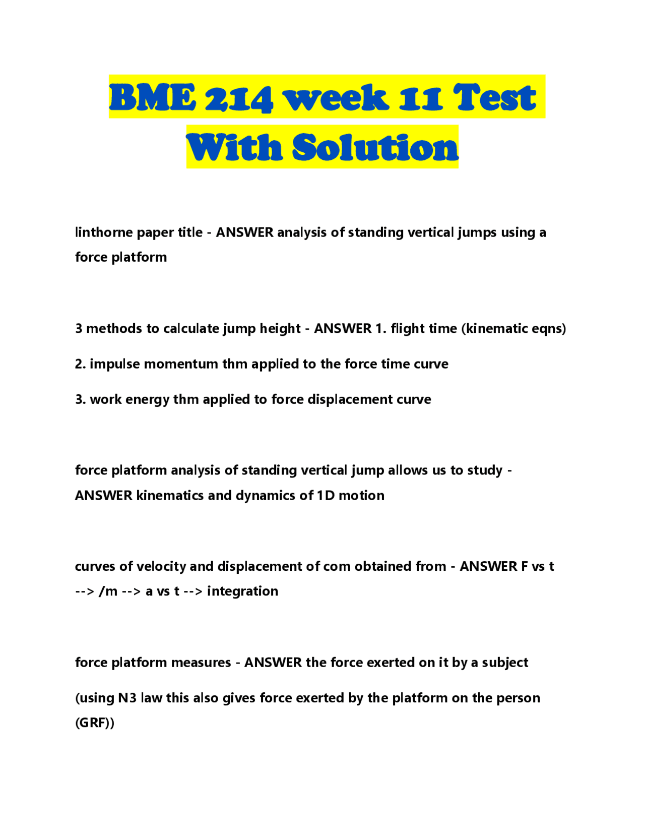 BME 214 week 11 Test With Solution | Exams Advanced Education | Docsity