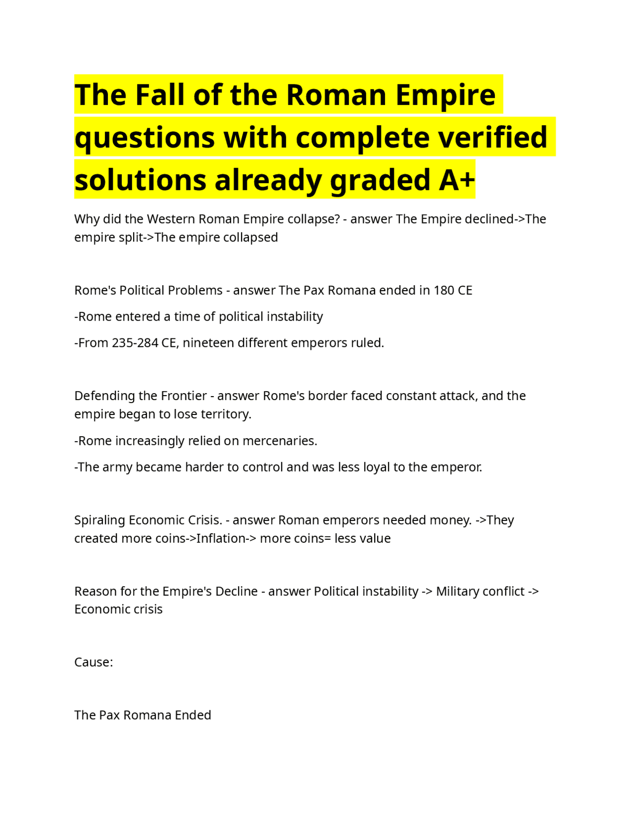 The Fall of the Roman Empire questions with complete verified solutions ...