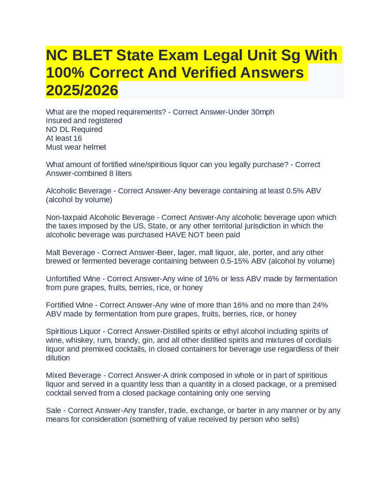NC BLET State Exam Legal Unit Sg With 100% Correct And Verified Answers ...