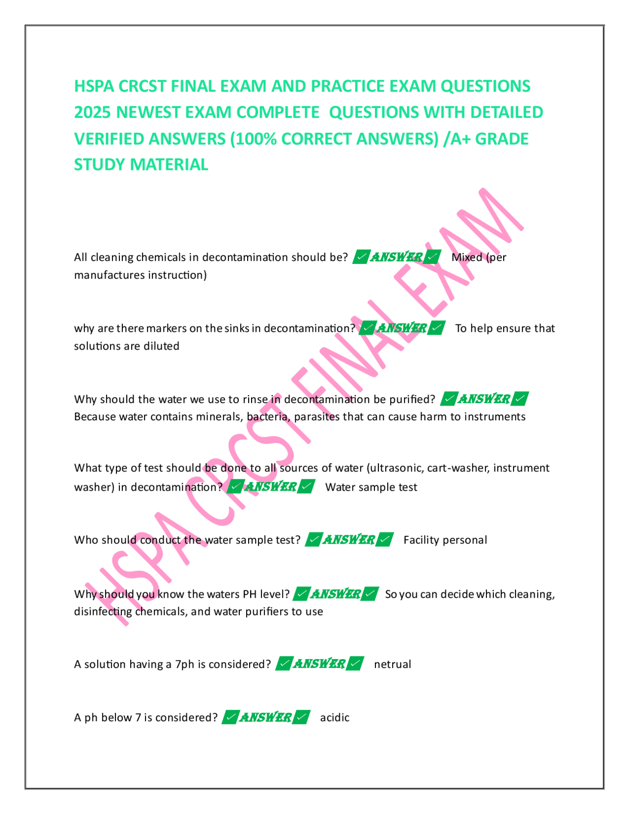 HSPA CRCST FINAL EXAM AND PRACTICE EXAM QUESTIONS 2025 NEWEST EXAM ...