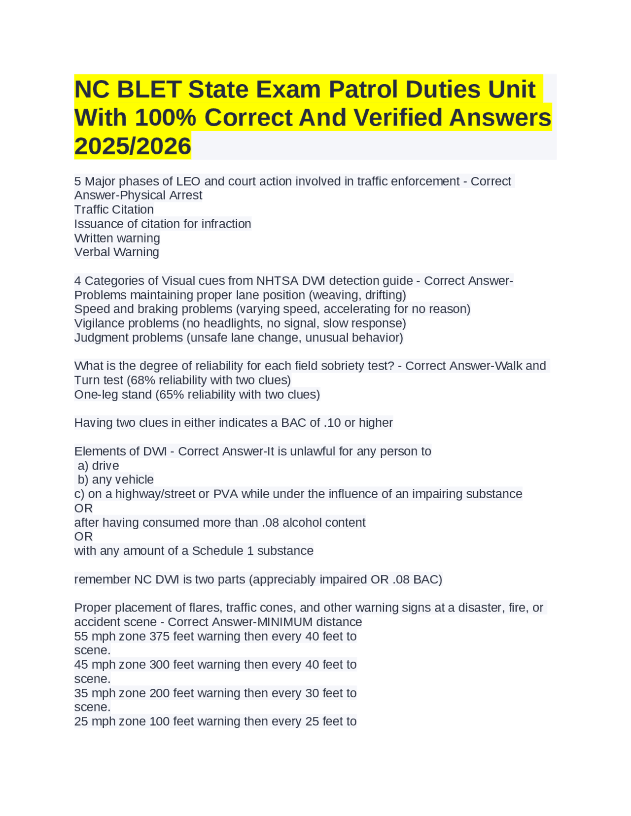 NC BLET State Exam Patrol Duties Unit With 100% Correct And Verified ...