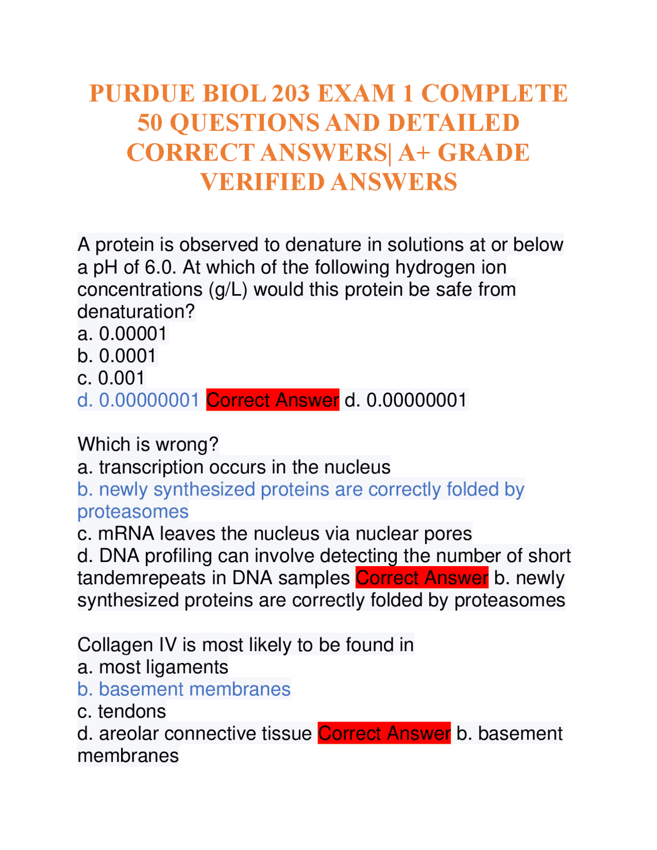 PURDUE BIOL 203 EXAM 1 COMPLETE 50 QUESTIONS AND DETAILED CORRECT ...