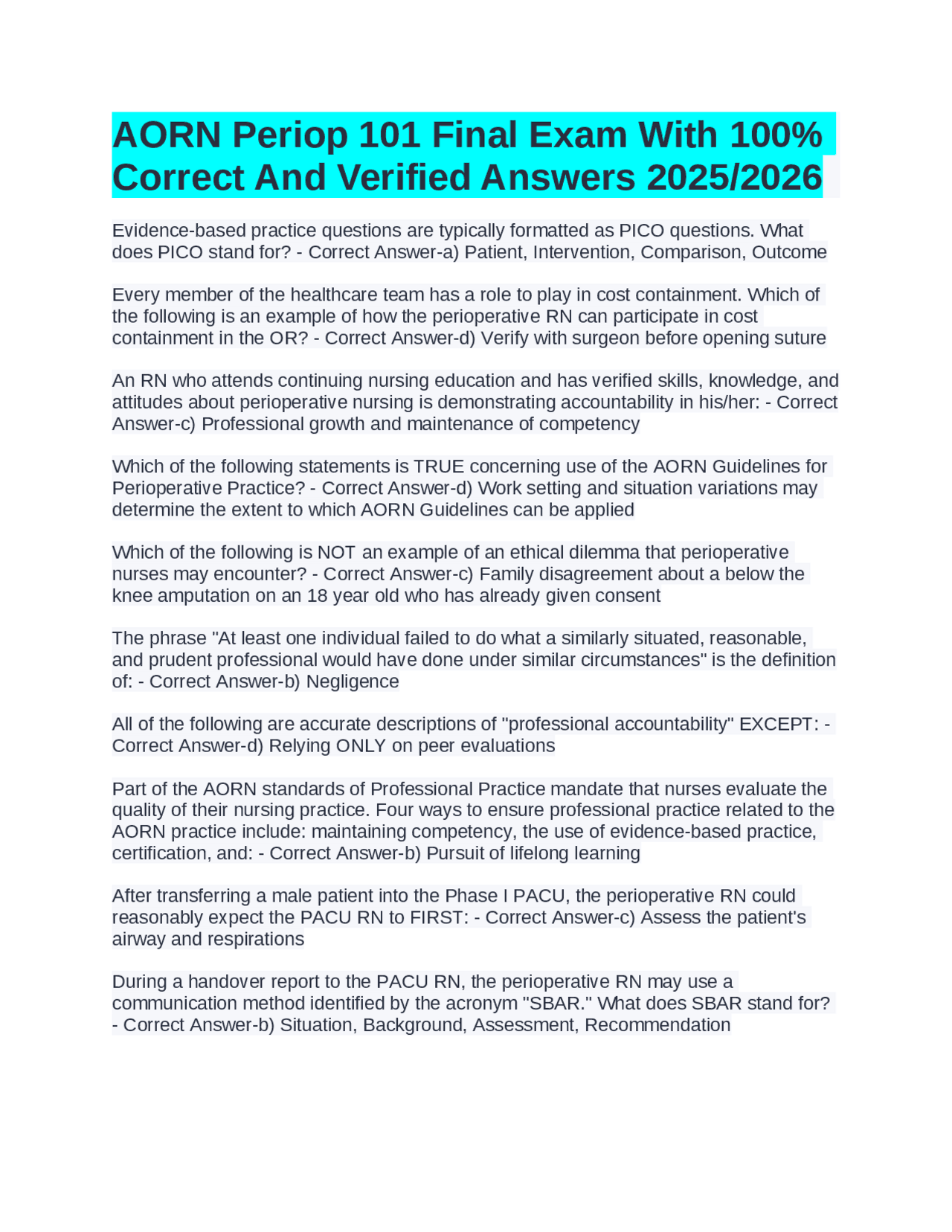 AORN Periop 101 Final Exam With 100% Correct And Verified Answers 2025/ ...