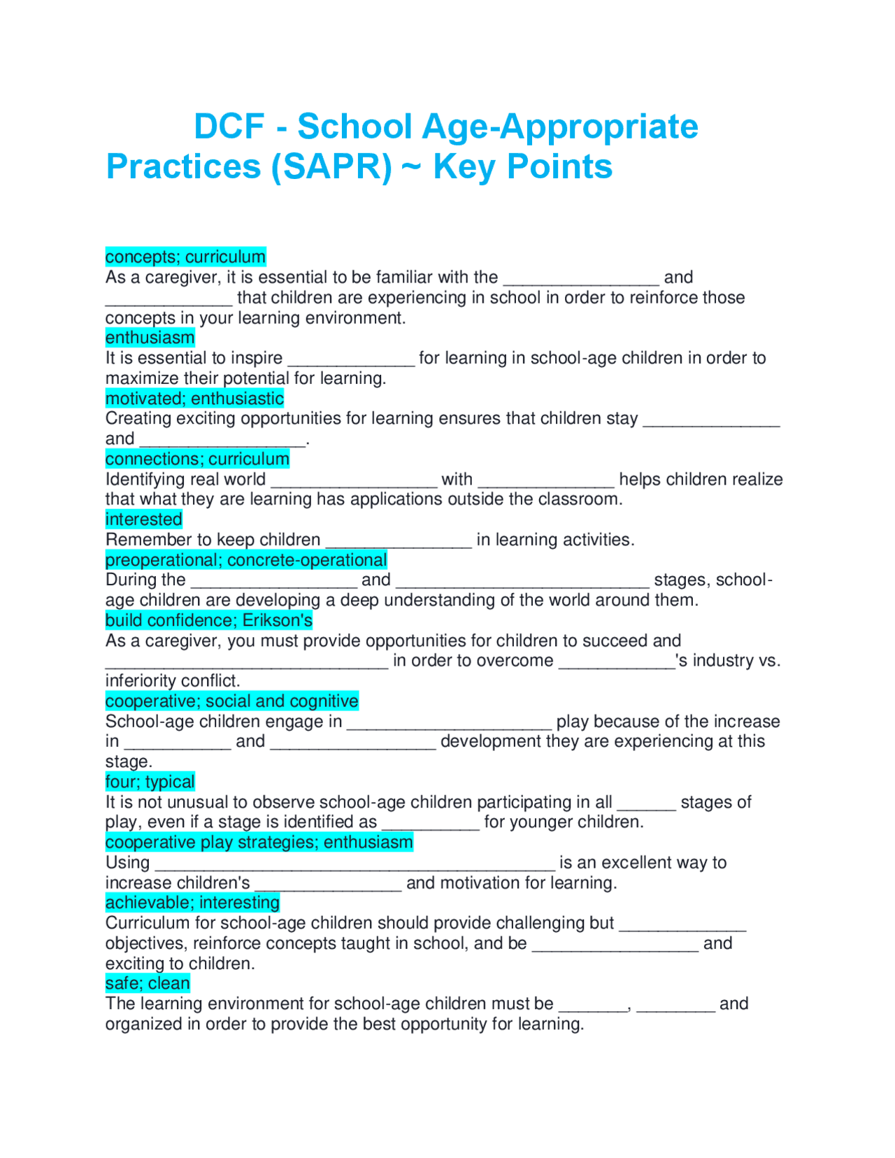 DCF - School Age-Appropriate Practices (SAPR) ~ Key Points questions ...