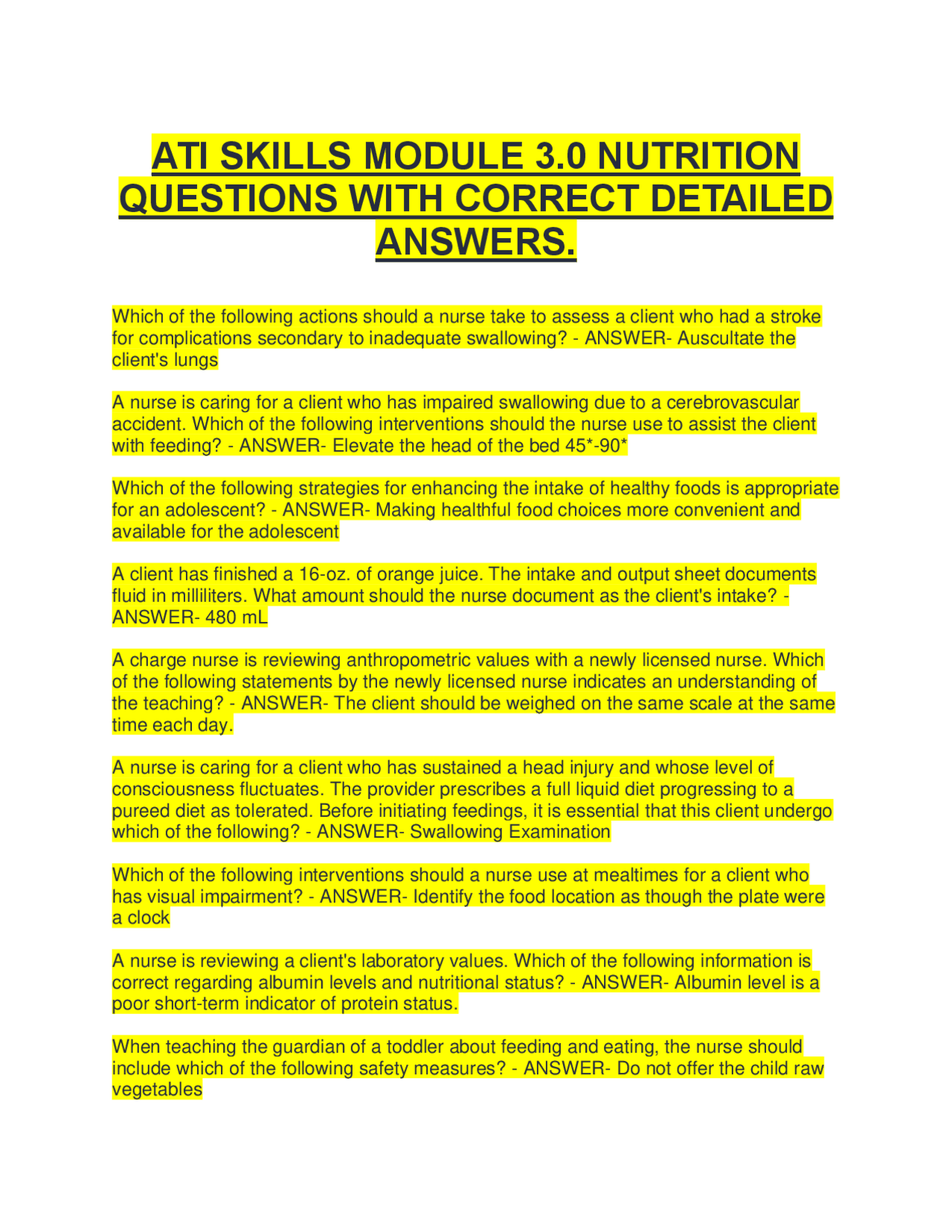 ATI SKILLS MODULE 3.0 NUTRITION QUESTIONS WITH CORRECT DETAILED ANSWERS ...