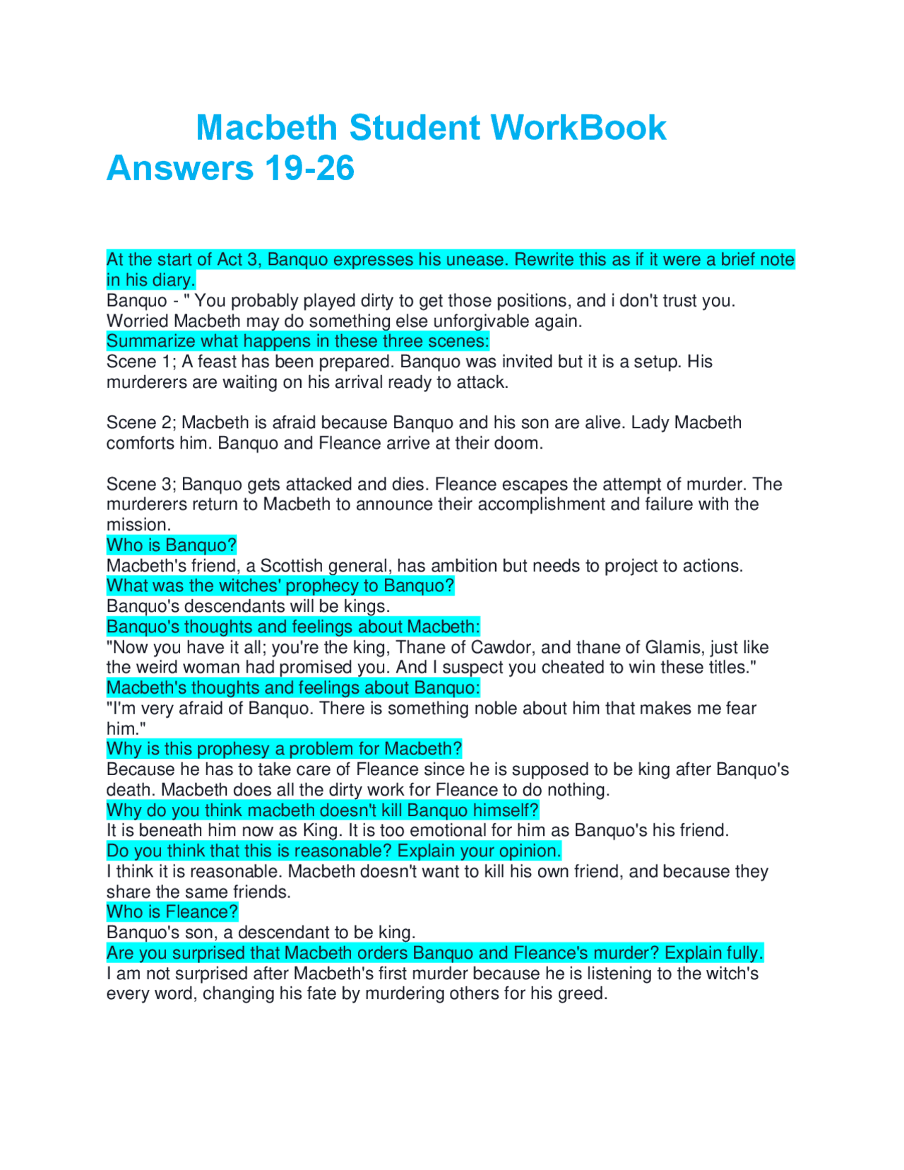 Macbeth Student WorkBook Answers 19-26 questions with verified answers ...