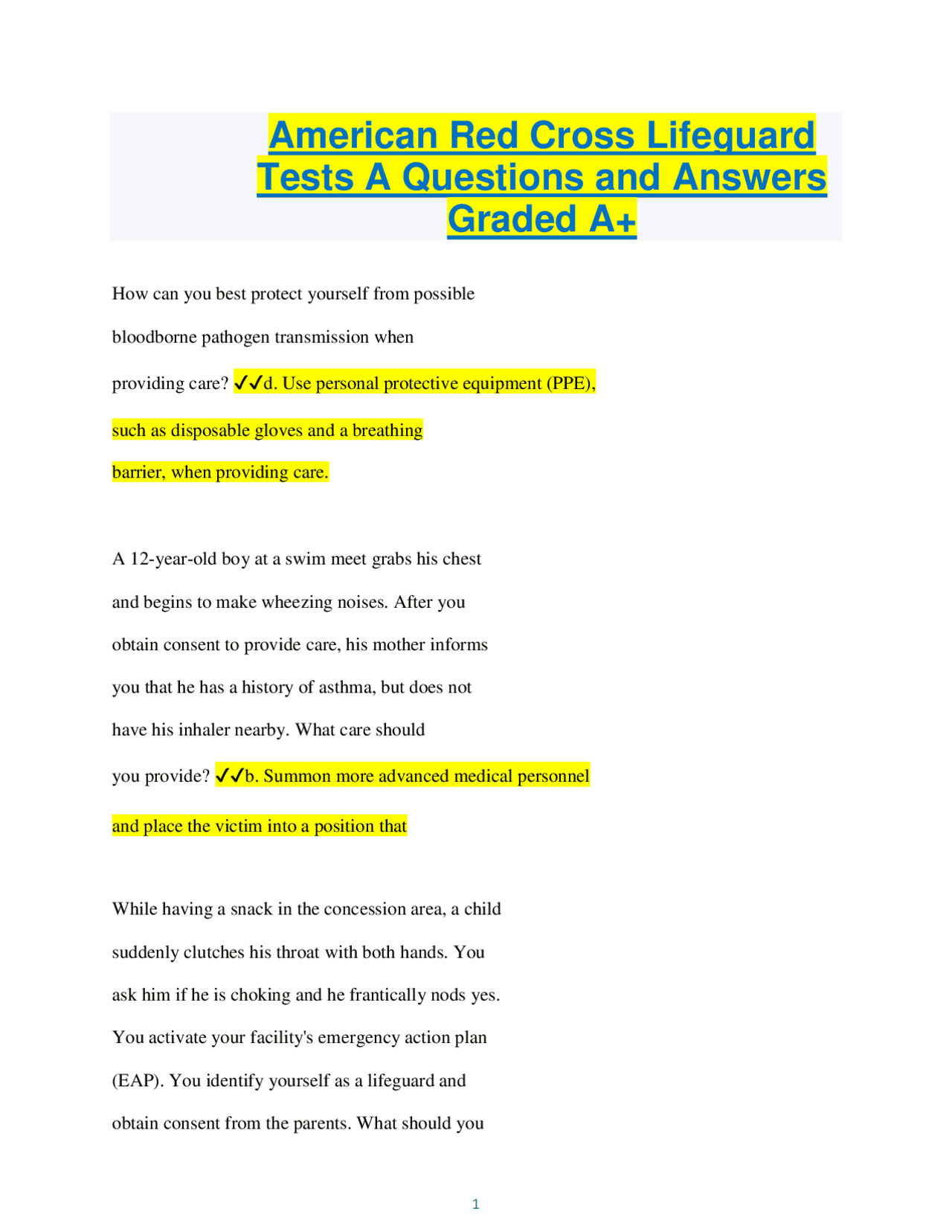 American Red Cross Lifeguard Test Questions and Answers | Exams Nursing ...