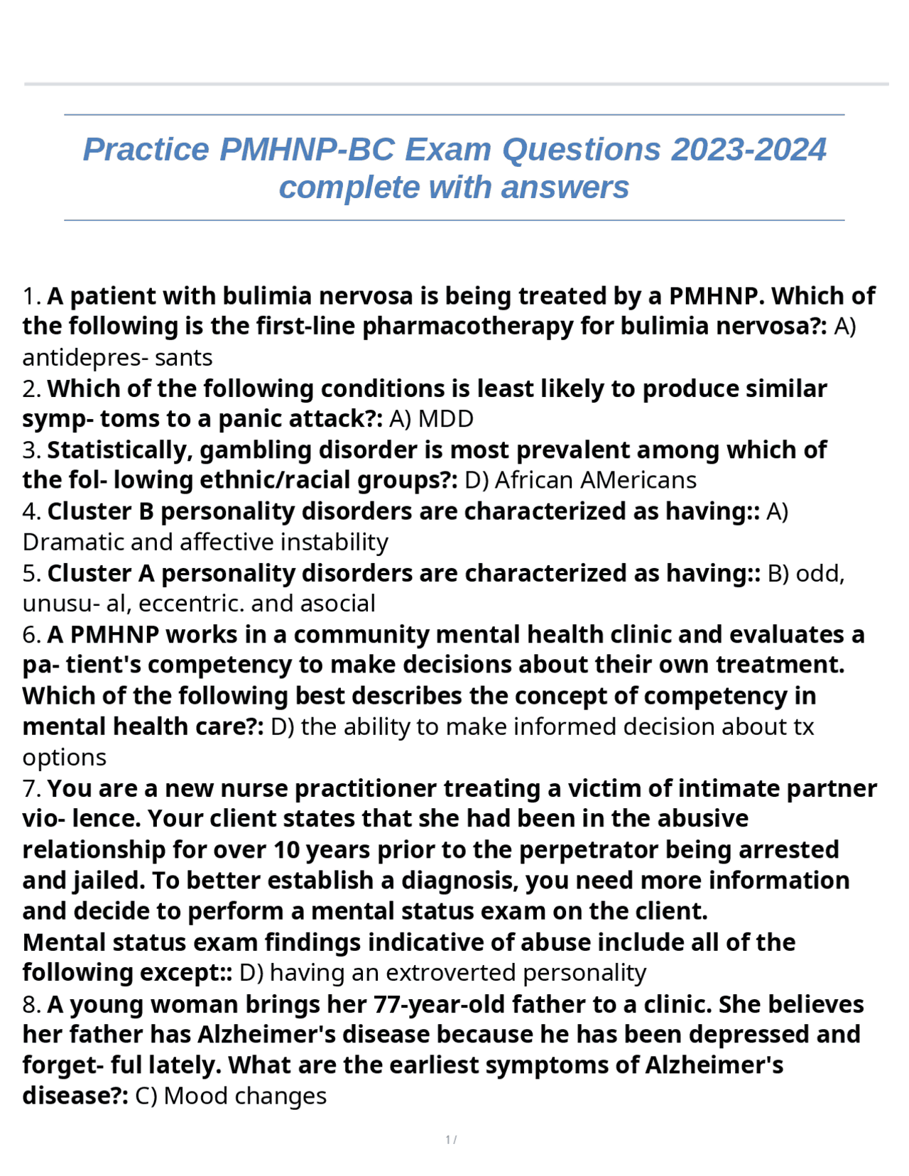 Practice PMHNP-BC Exam Questions 2023-2024 complete with answers ...