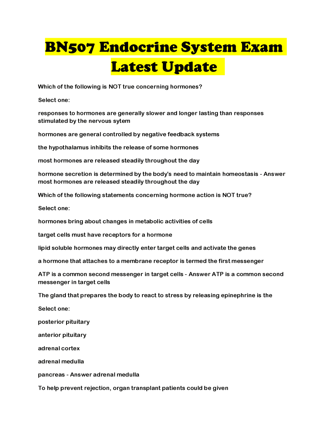 BN507 Endocrine System Exam Latest Update | Exams Advanced Education ...