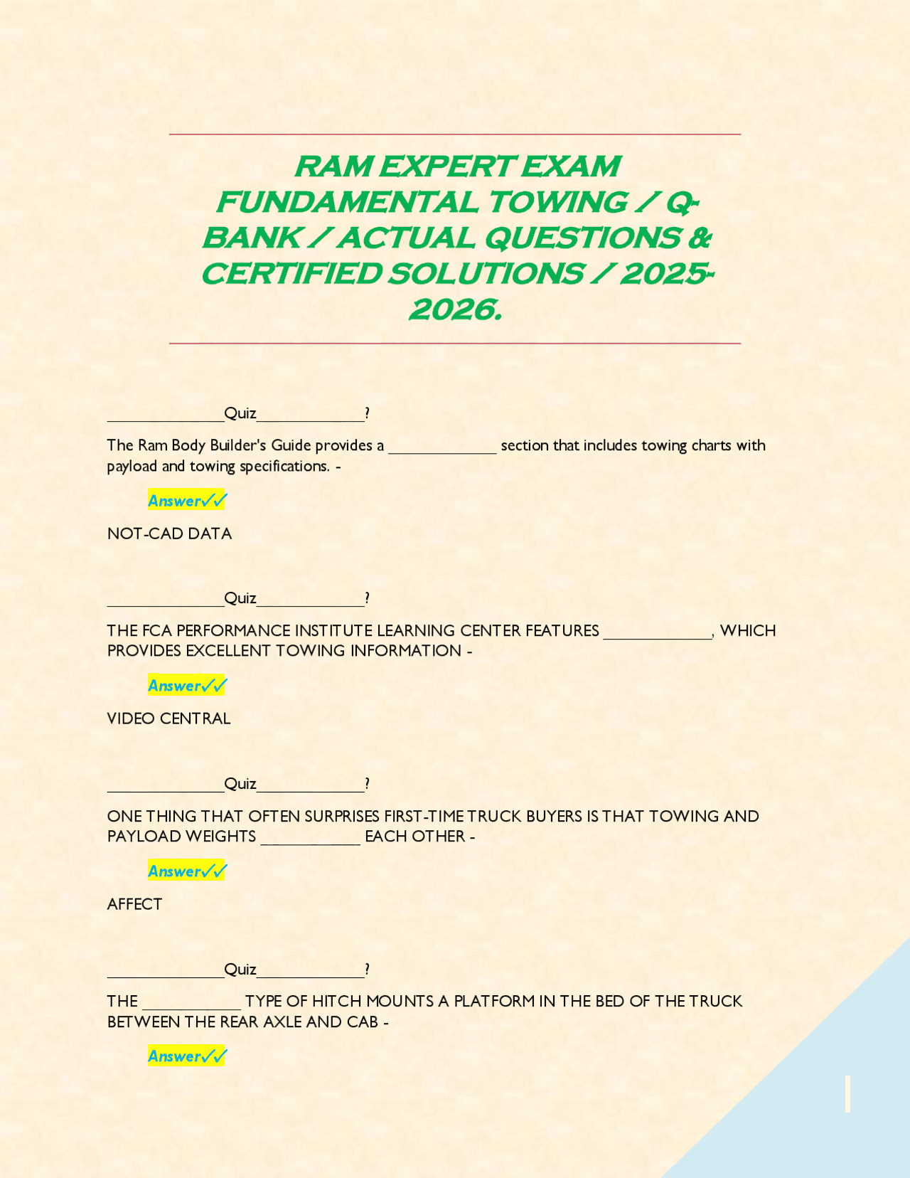 RAM EXPERT EXAM FUNDAMENTAL TOWING / Q-BANK / ACTUAL QUESTIONS ...