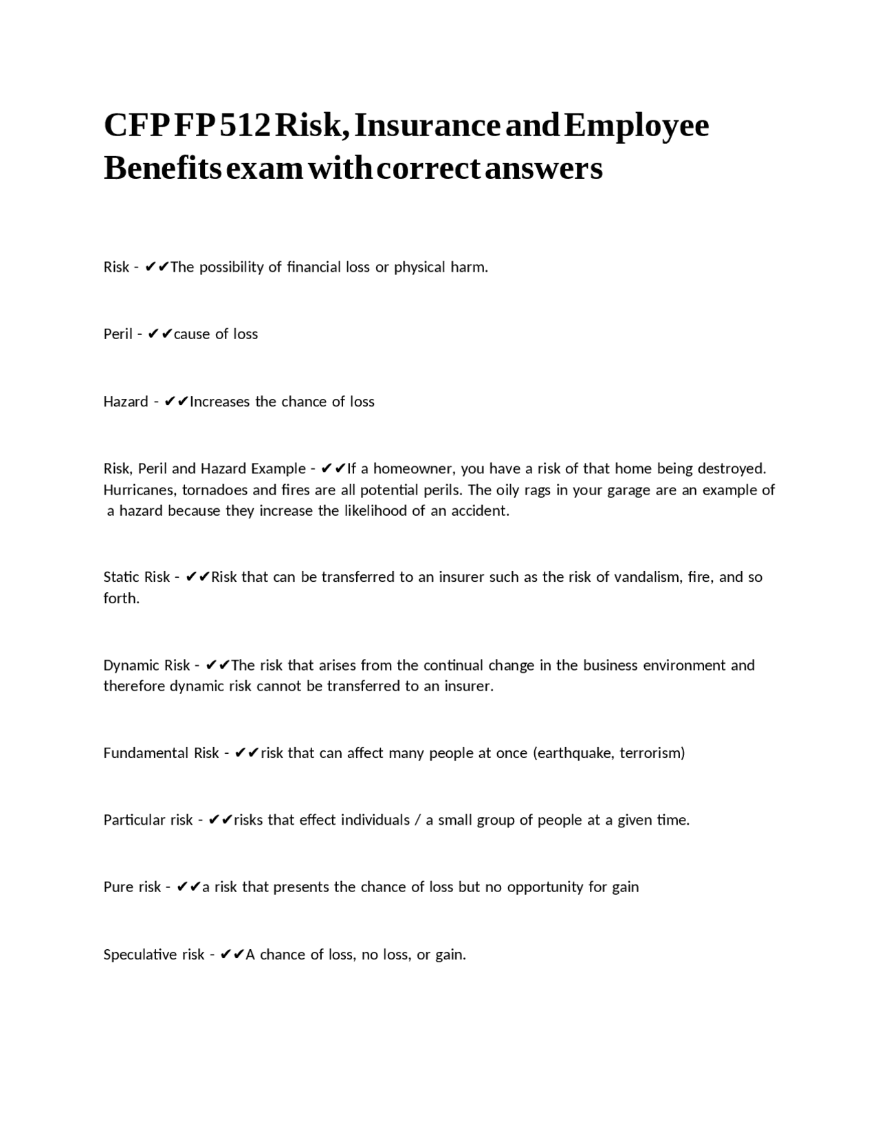 CFP FP 512 Risk, Insurance and Employee Benefits exam with correct ...