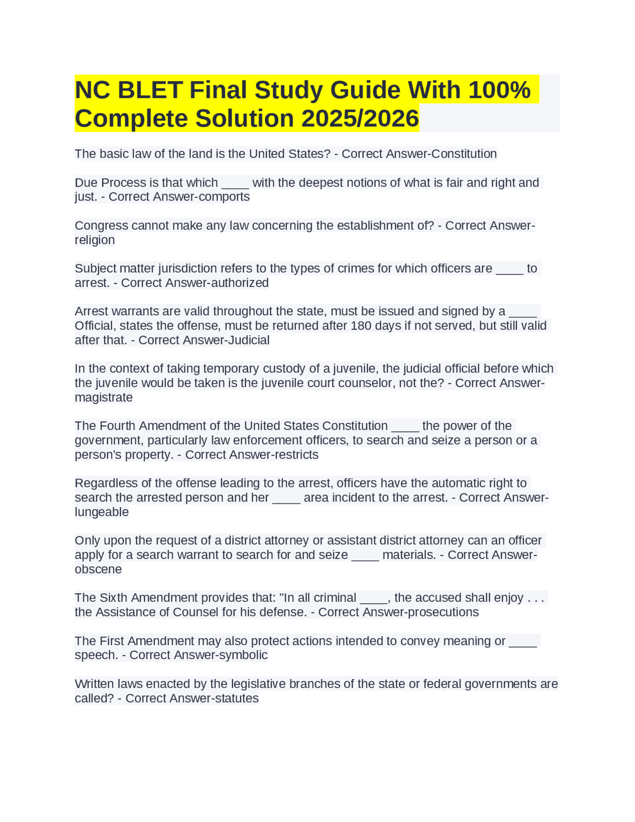 NC BLET Final Study Guide With 100% Complete Solution 2025/2026 | Exams ...