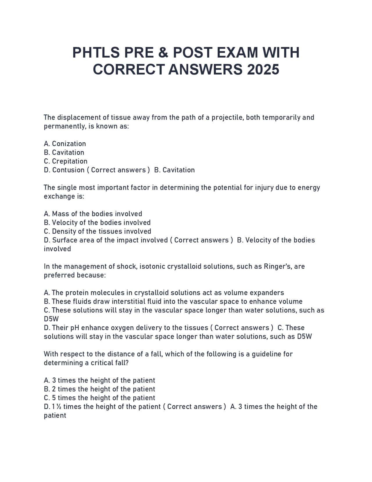PHTLS PRE & POST EXAM WITH CORRECT ANSWERS 2025 | Exams Law | Docsity