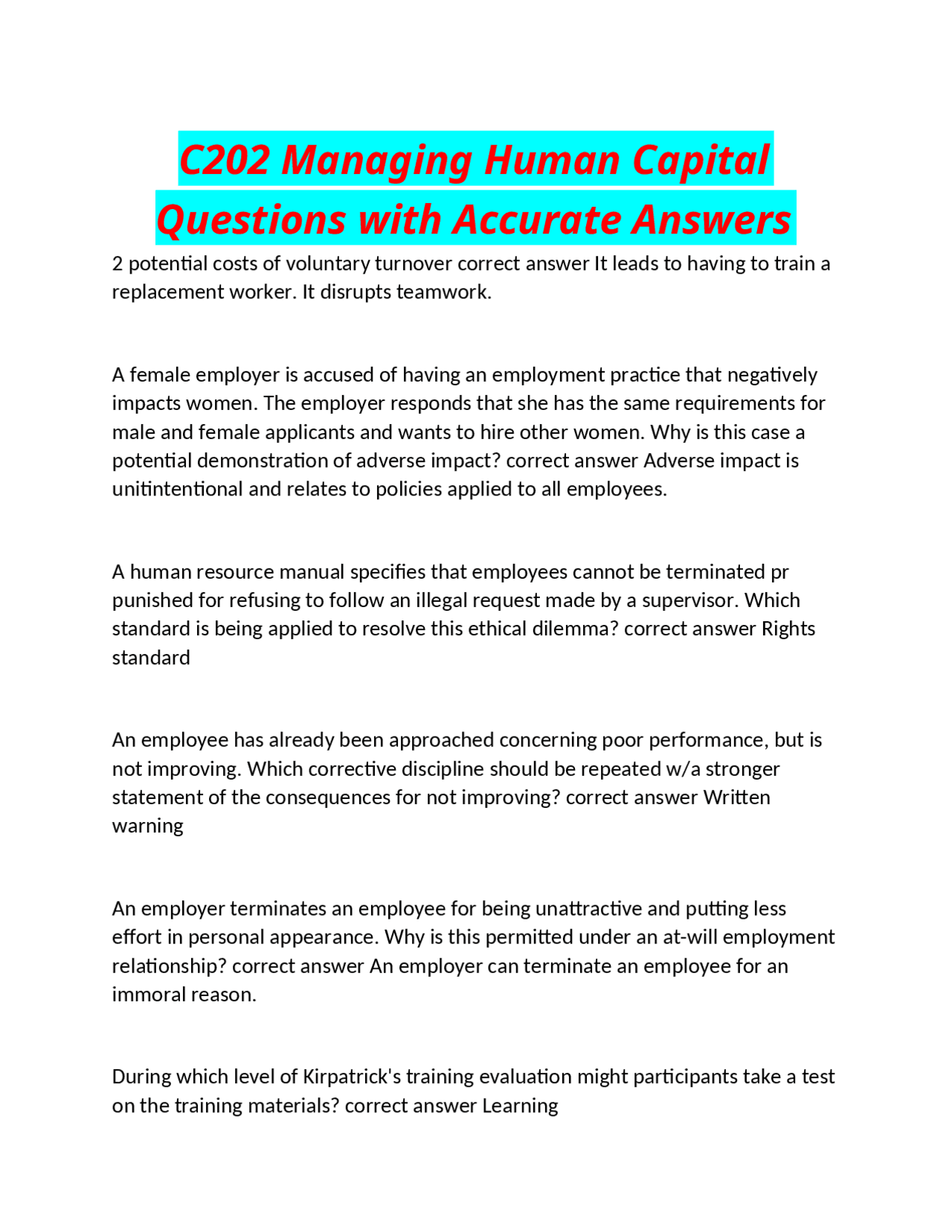 C202 Managing Human Capital Questions with Accurate Answers | Exams ...
